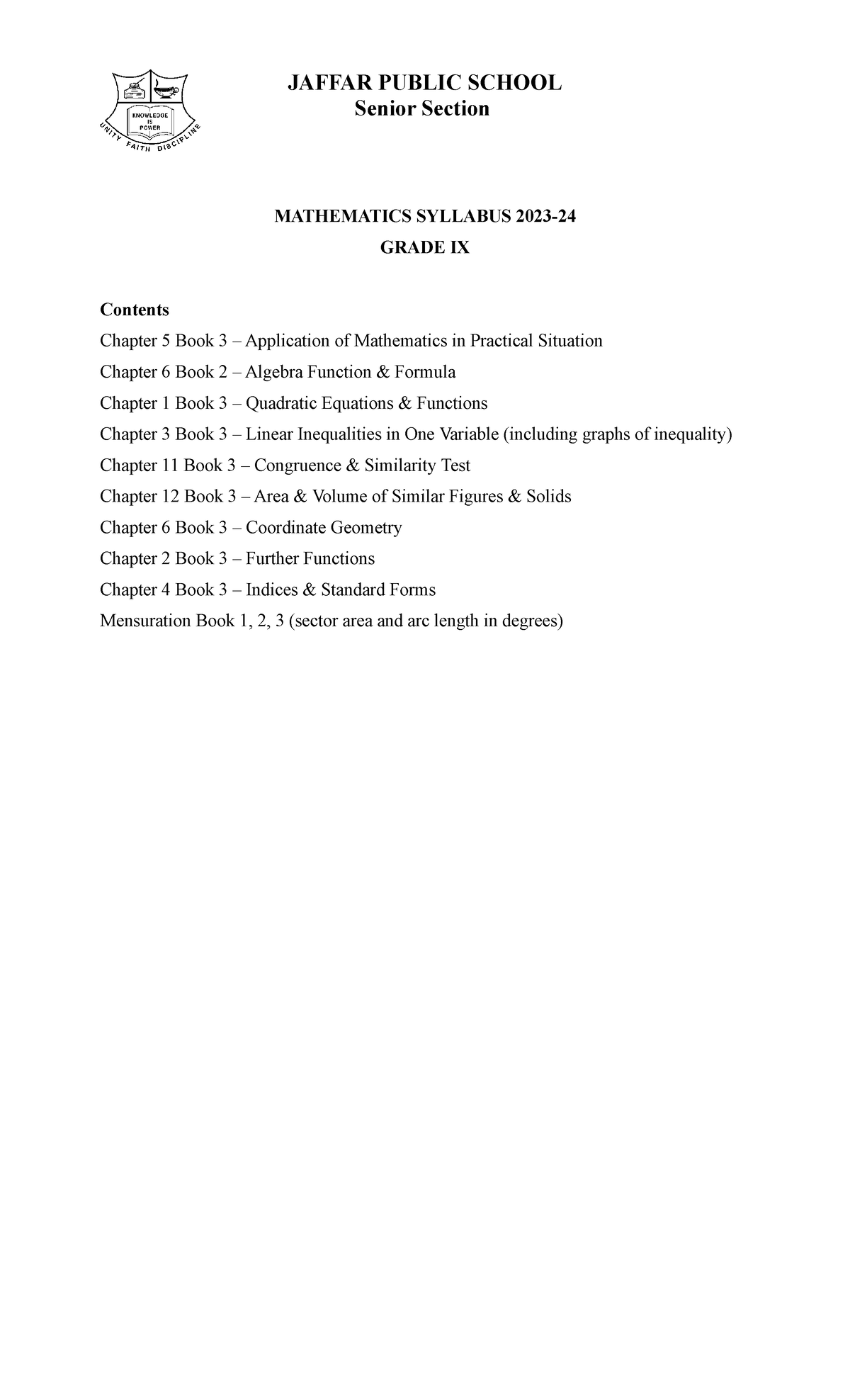 Syllabus 2023 24 Senior Section MATHEMATICS SYLLABUS 2023 GRADE IX