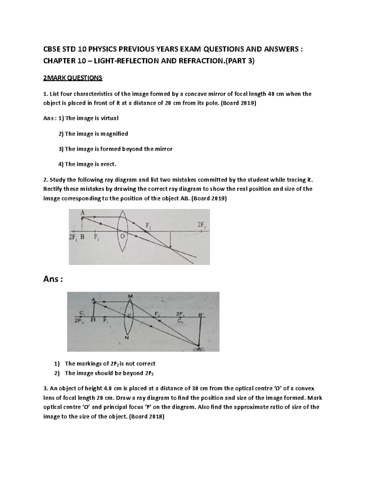 Light 3 CBSE STD 10 Physics Previous Years EXAM Questions AND Answers ...