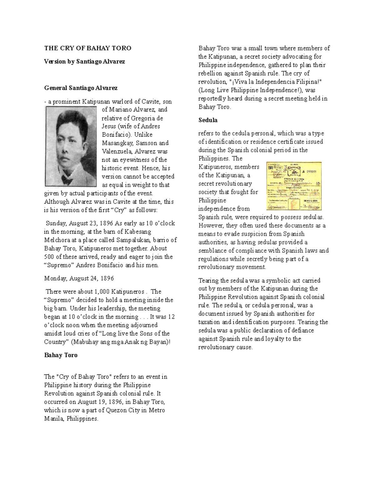 THE CRY OF Bahay TORO Handouts - THE CRY OF BAHAY TORO Version by ...