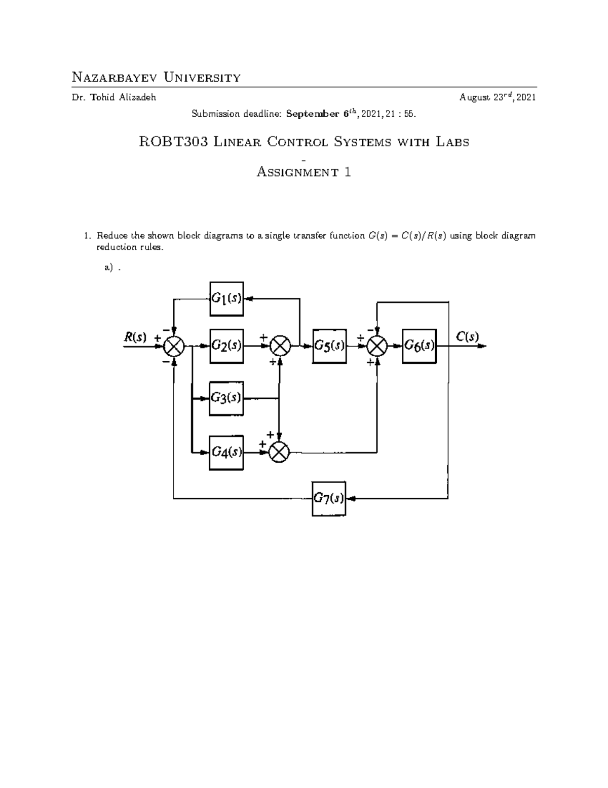 Linear control theory homework 1 - Nazarbayev University Dr. Tohid ...