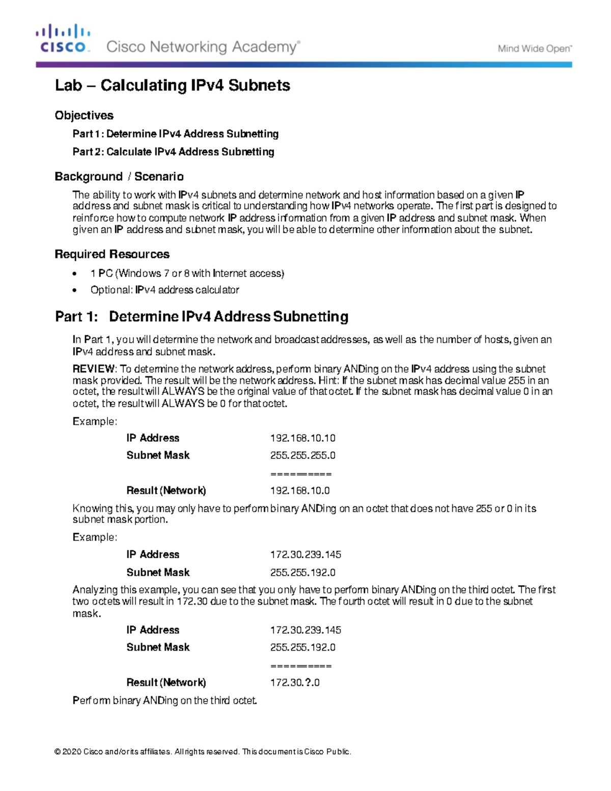 Lab 21 Calculating Ipv4 Subnets Objectives Part 1 Determine Ipv4