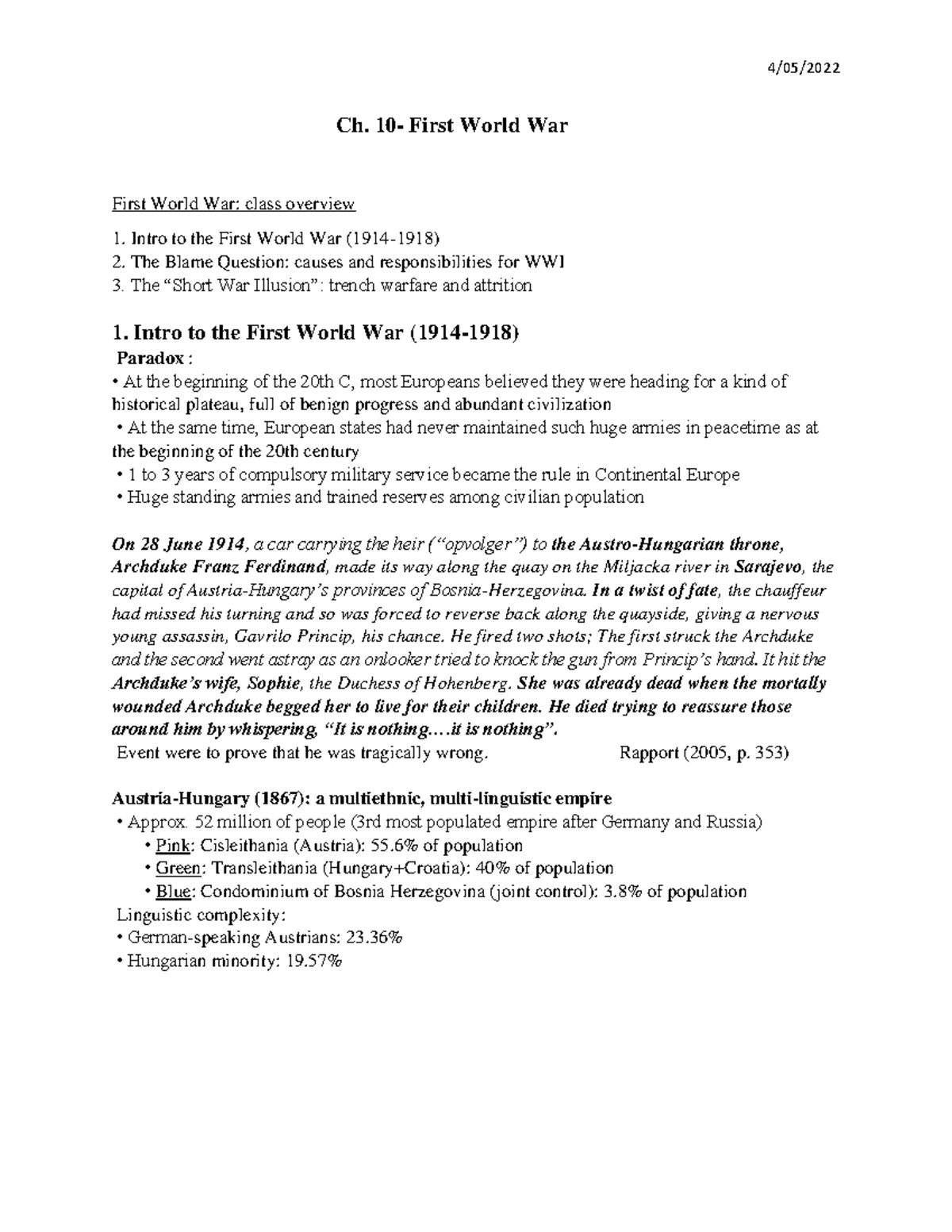 History- CH. 10 - 9hbhibhub - Ch. 10- First World War First World War ...