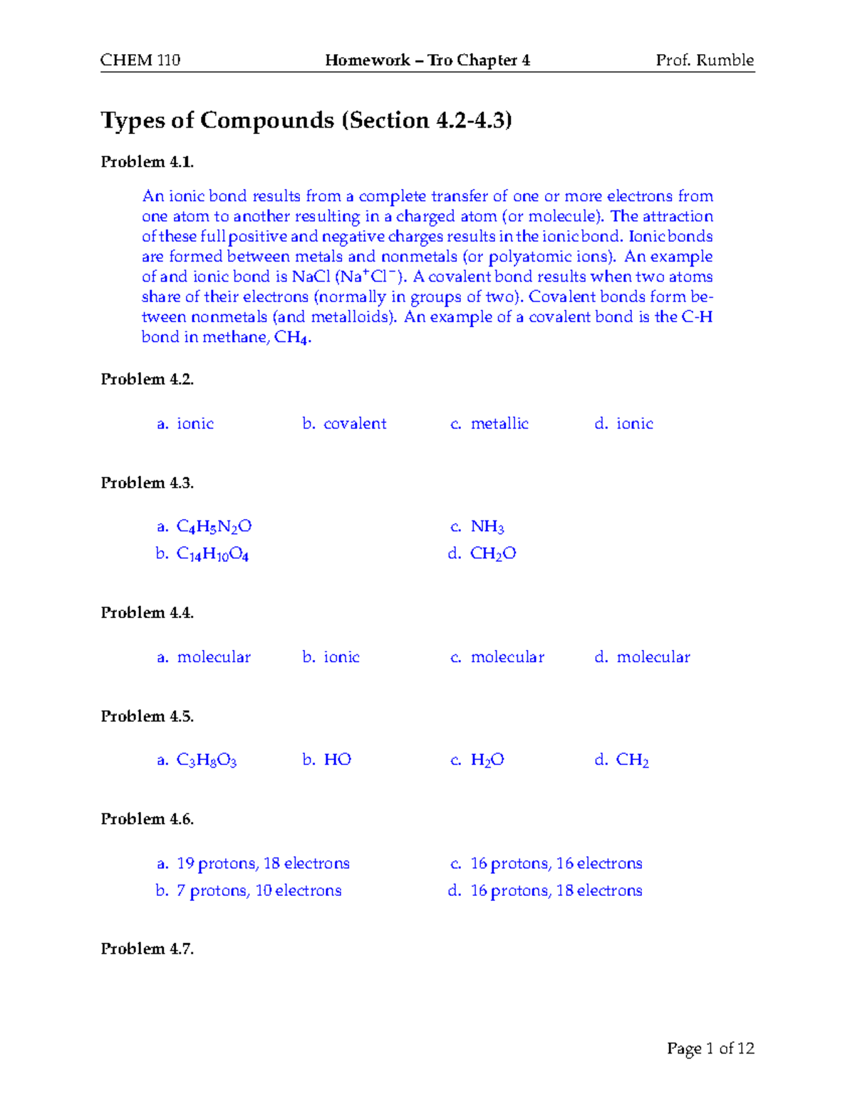 Ch4 solutions - Chapter homework - Types of Compounds (Section 4.2-4 ...