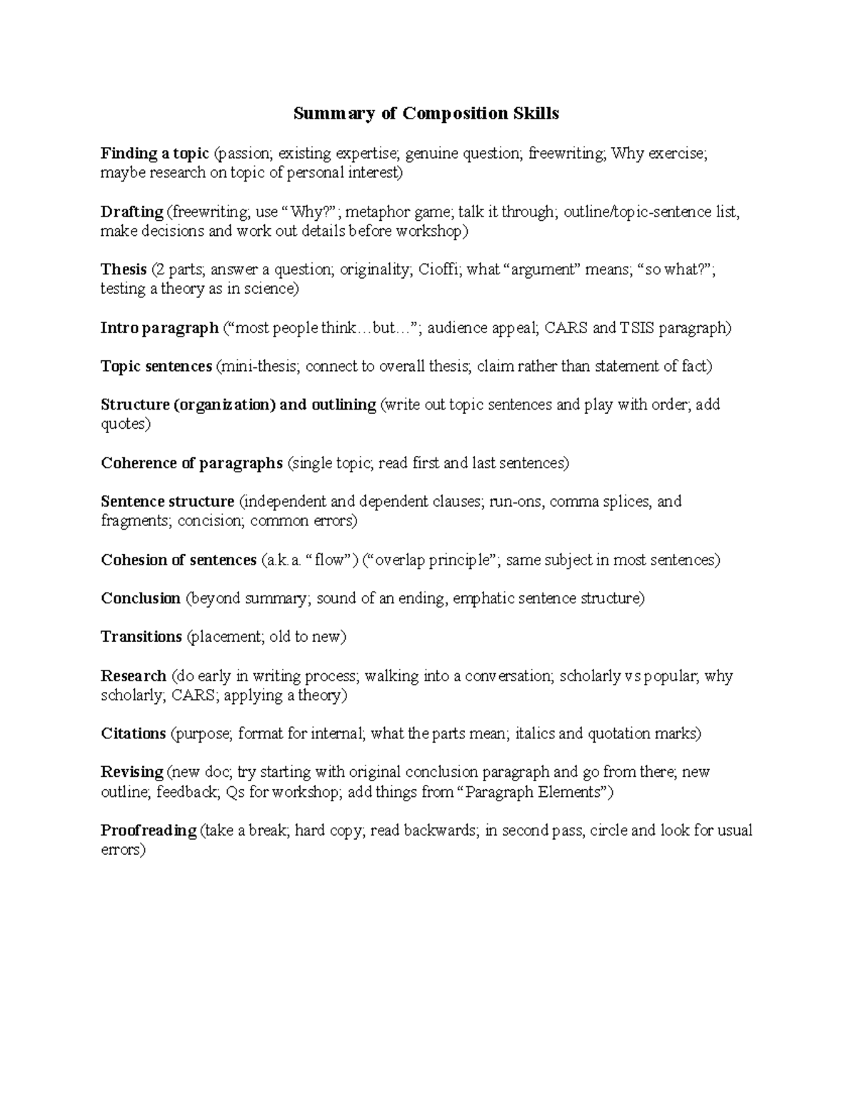ENGL 100 summary of comp skills - Summary of Composition Skills Finding ...