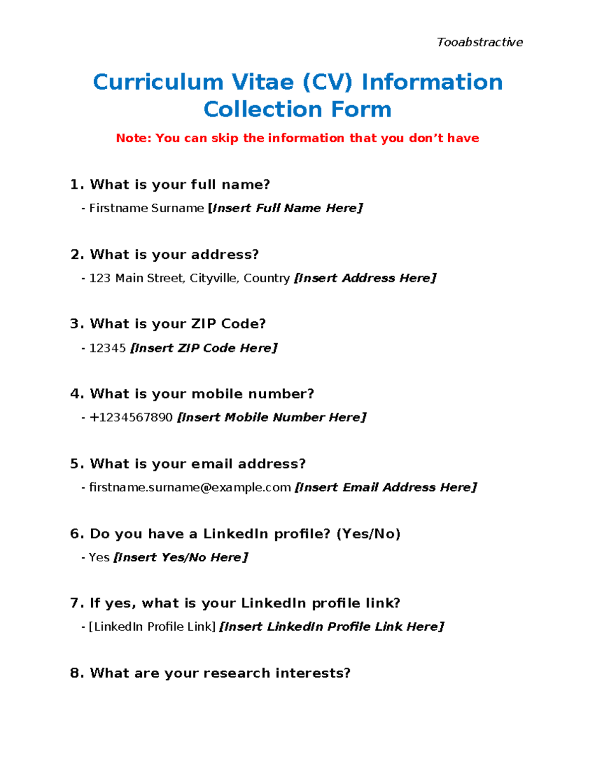 Curriculum Vitae Info Form - Curriculum Vitae (CV) Information ...
