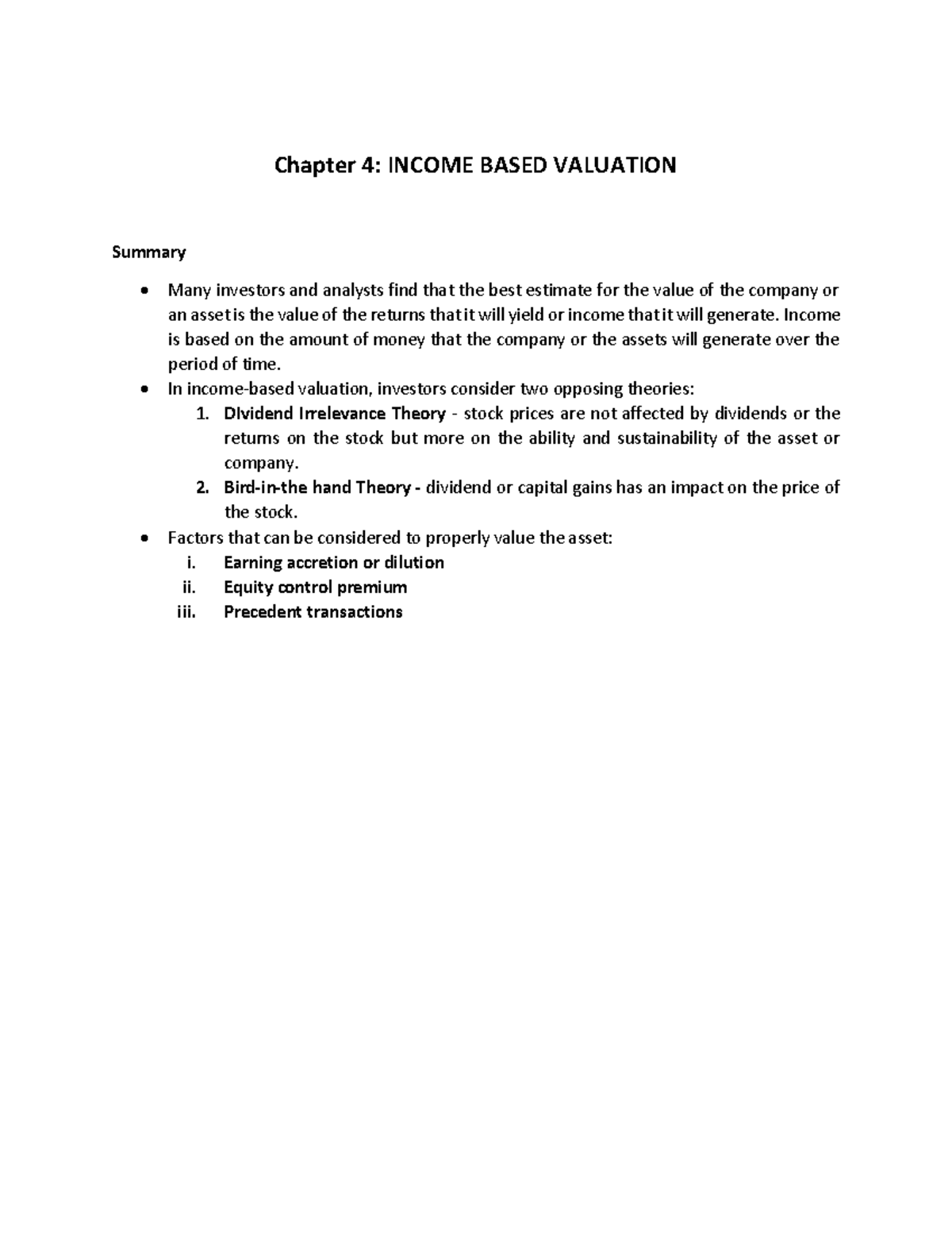 Income Based Valuation - Chapter 4: INCOME BASED VALUATION Summary Many ...