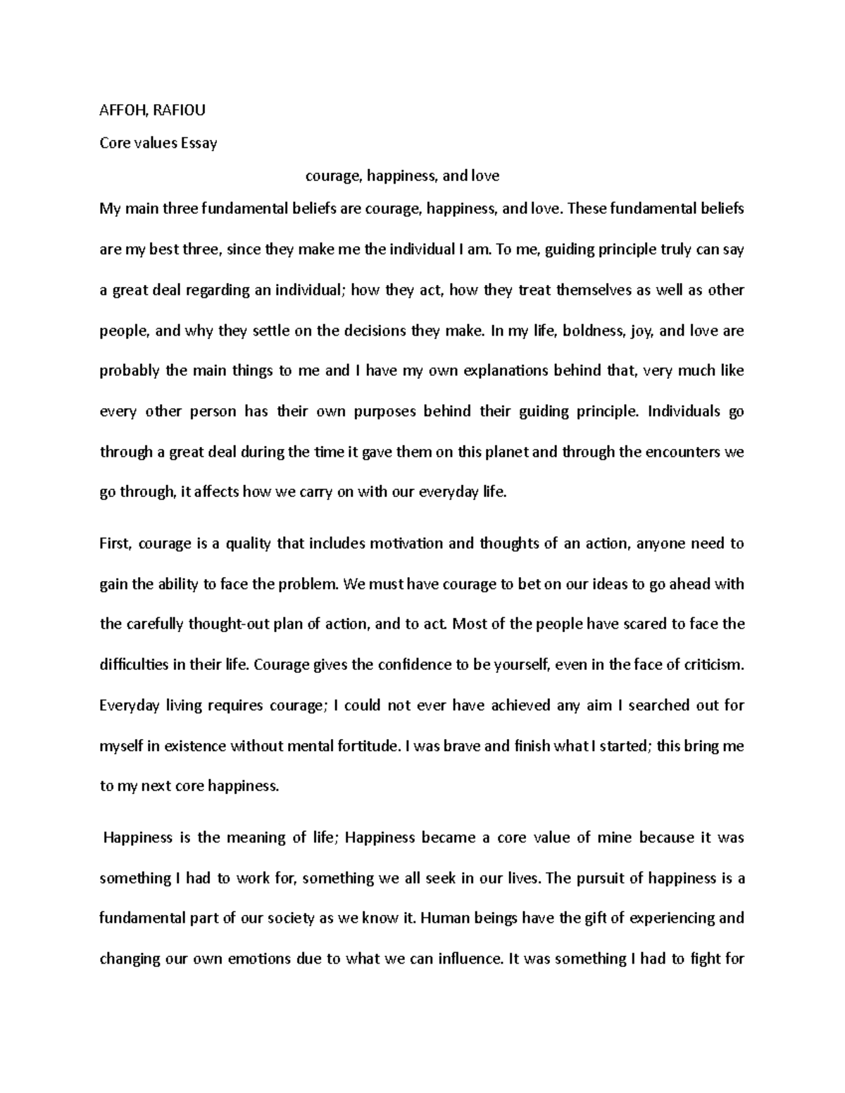 Core value essay Affoh, RAF - AFFOH, RAFIOU Core values Essay courage ...