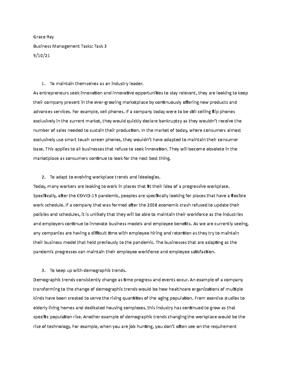 QHT1 - Task 3 - Task 3 - Grace Ray Business Management Tasks: Task 3 9 ...