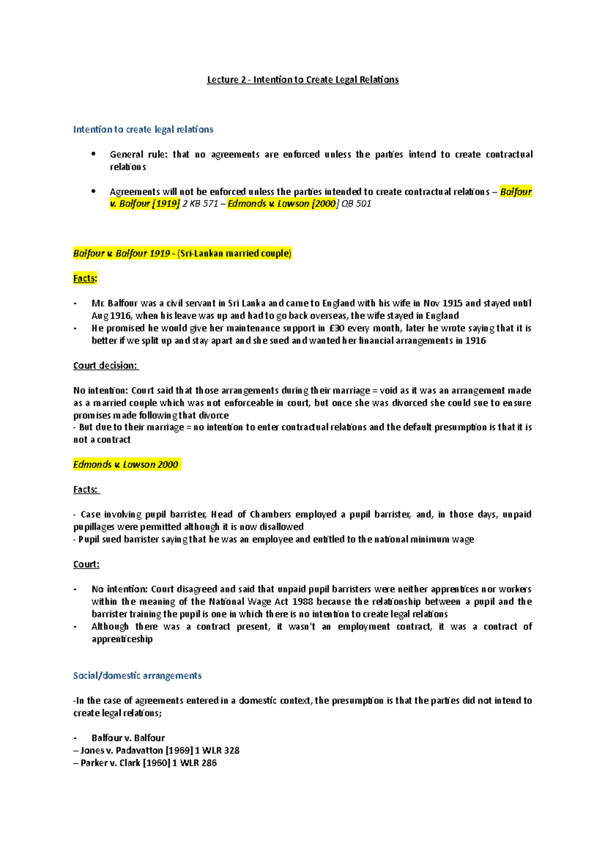 Lecture 2 - Intention to Create Legal Relations - Lecture 2 - Intenion ...