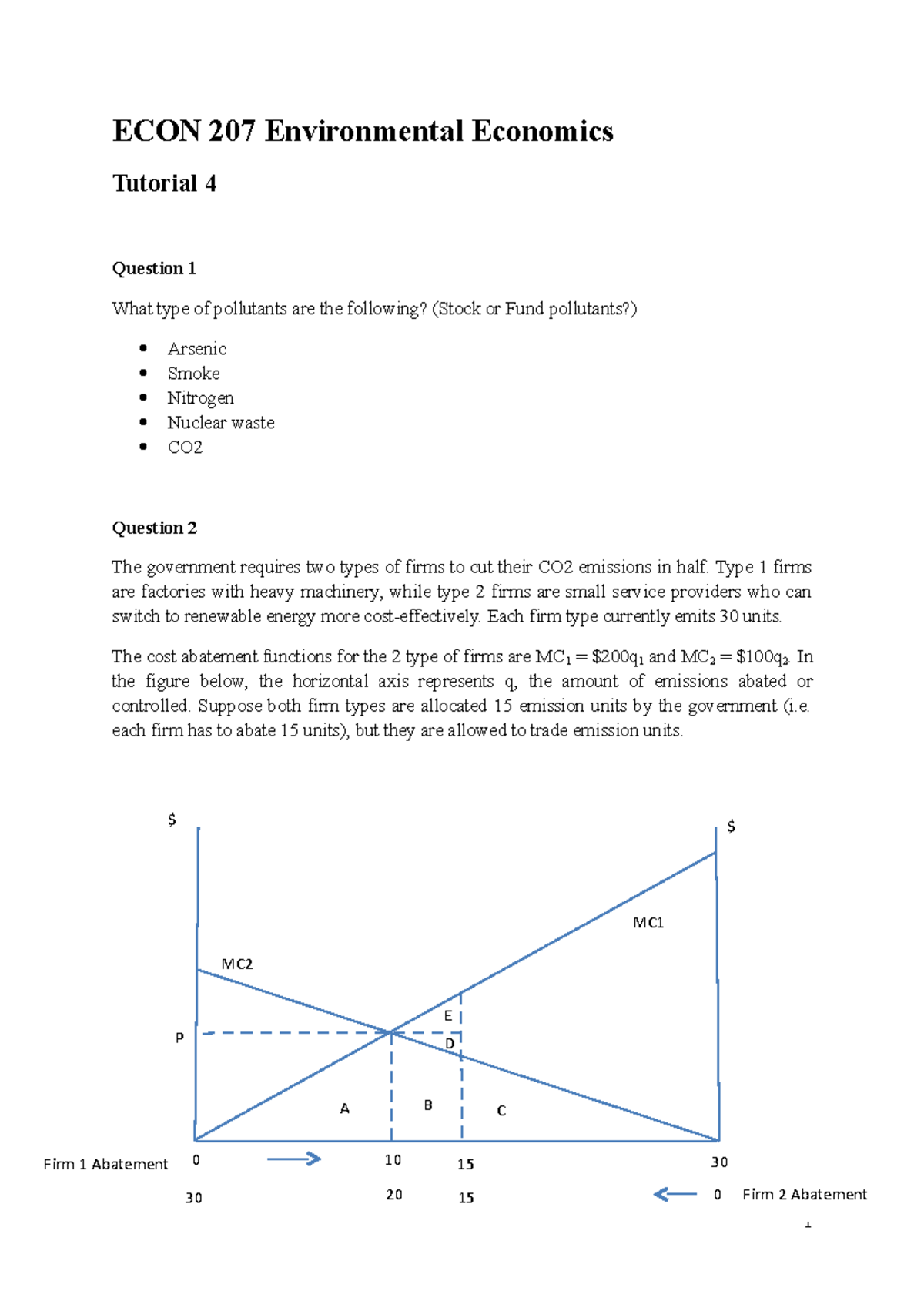 Tutorial 4 2023 - yes - ECON 207 Environmental Economics Tutorial 4 Question 1 What type of ...