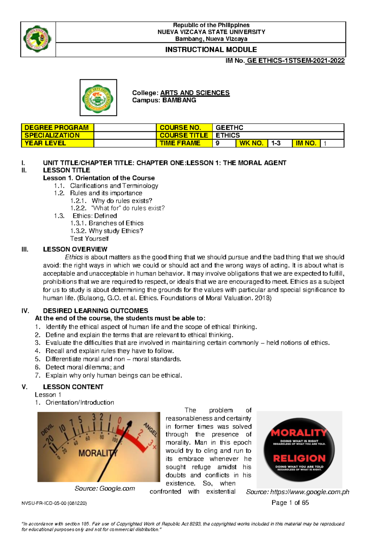 Ethics Module 6789 - NUEVA VIZCAYA STATE UNIVERSITY Bambang, Nueva Vizcaya INSTRUCTIONAL MODULE ...