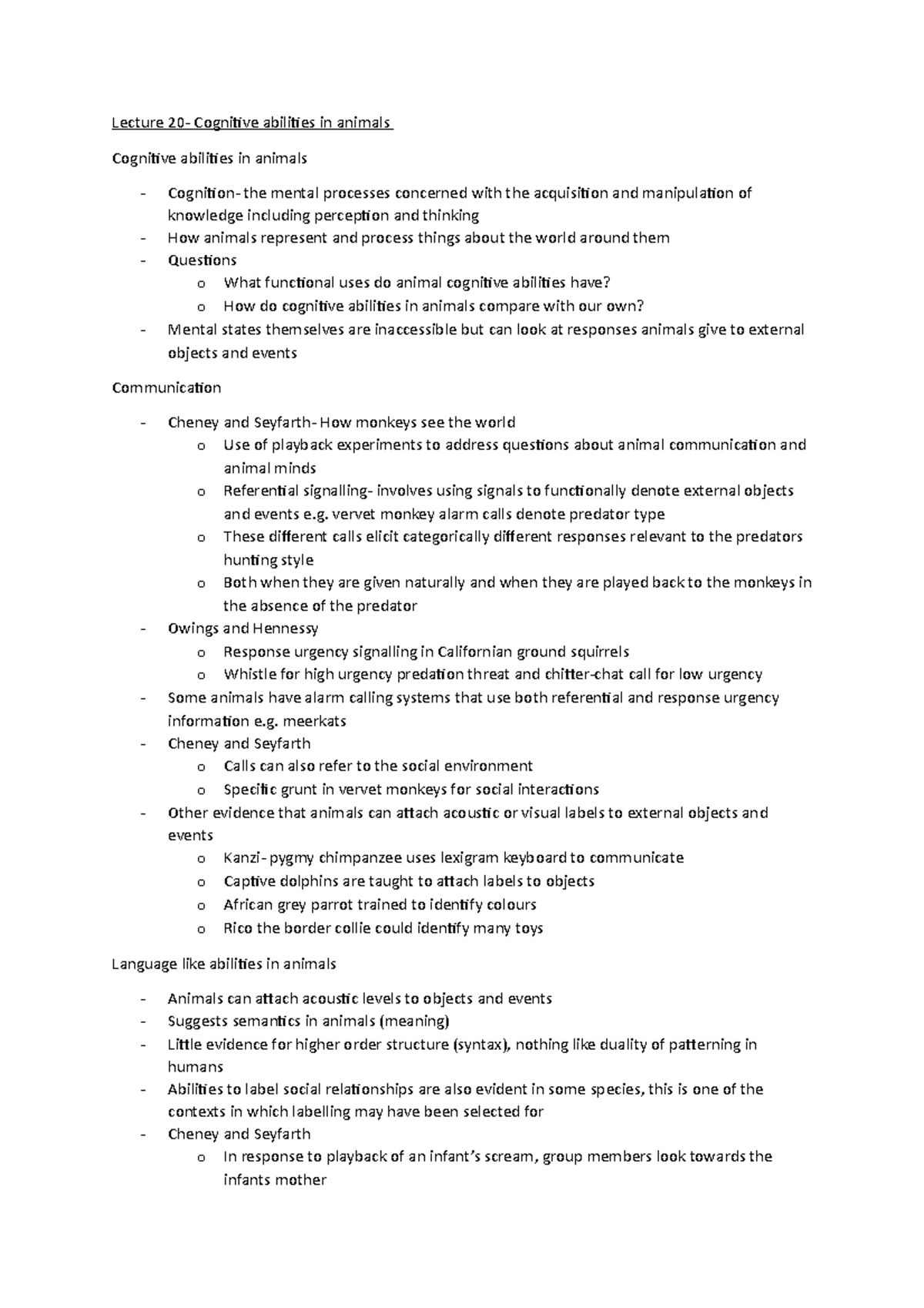 Lecture 20- Cognitive abilities in animals - Lecture 20- Cognitive ...