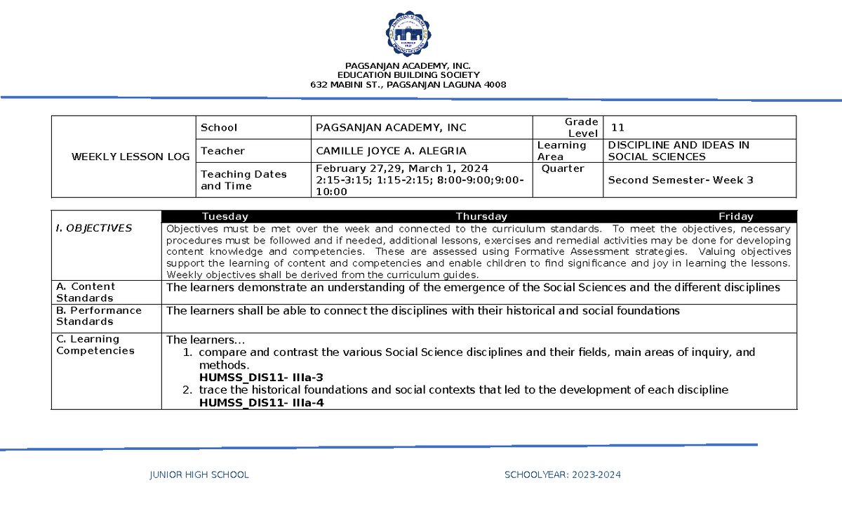 WLL-G11 DISS-WEEK 3 - Discipline - PAGSANJAN ACADEMY, INC. EDUCATION ...
