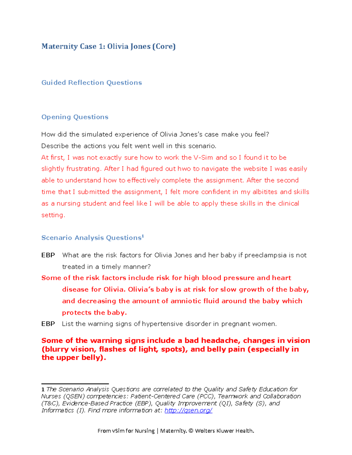 V Sim2 - Guided reflection questions - Maternity Case 1: Olivia Jones ...