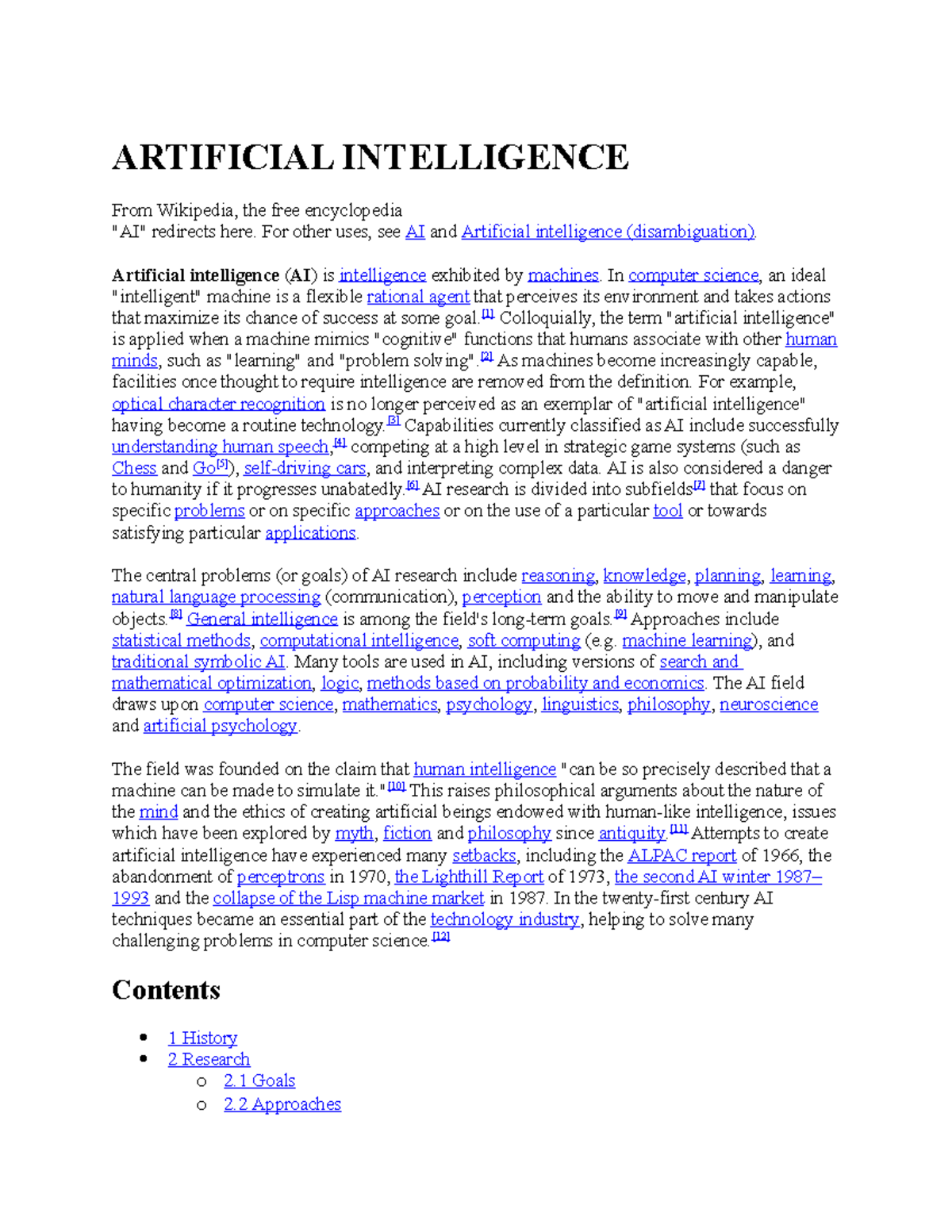 Artificial Intelligence - ARTIFICIAL INTELLIGENCE From Wikipedia, the ...