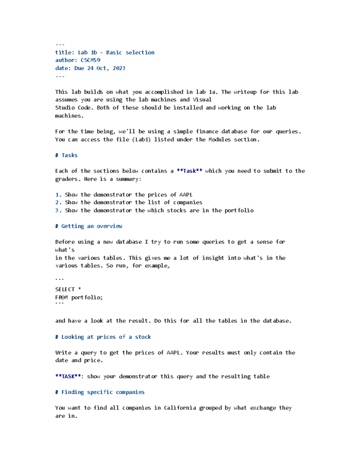 Lab1b - python - title: Lab 1b – Basic selection author: CSCM date: Due ...