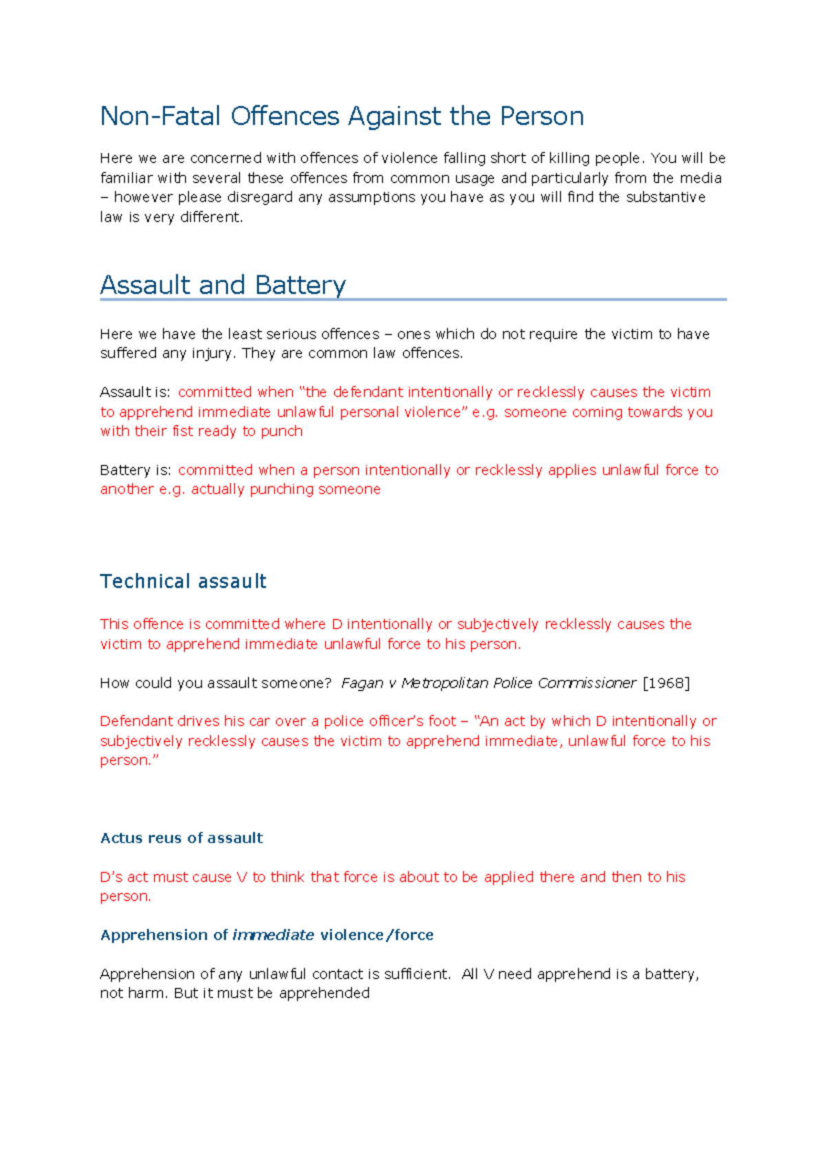 Lecture 6 and 7 - Non fatal offences - Non-Fatal Offences Against the ...