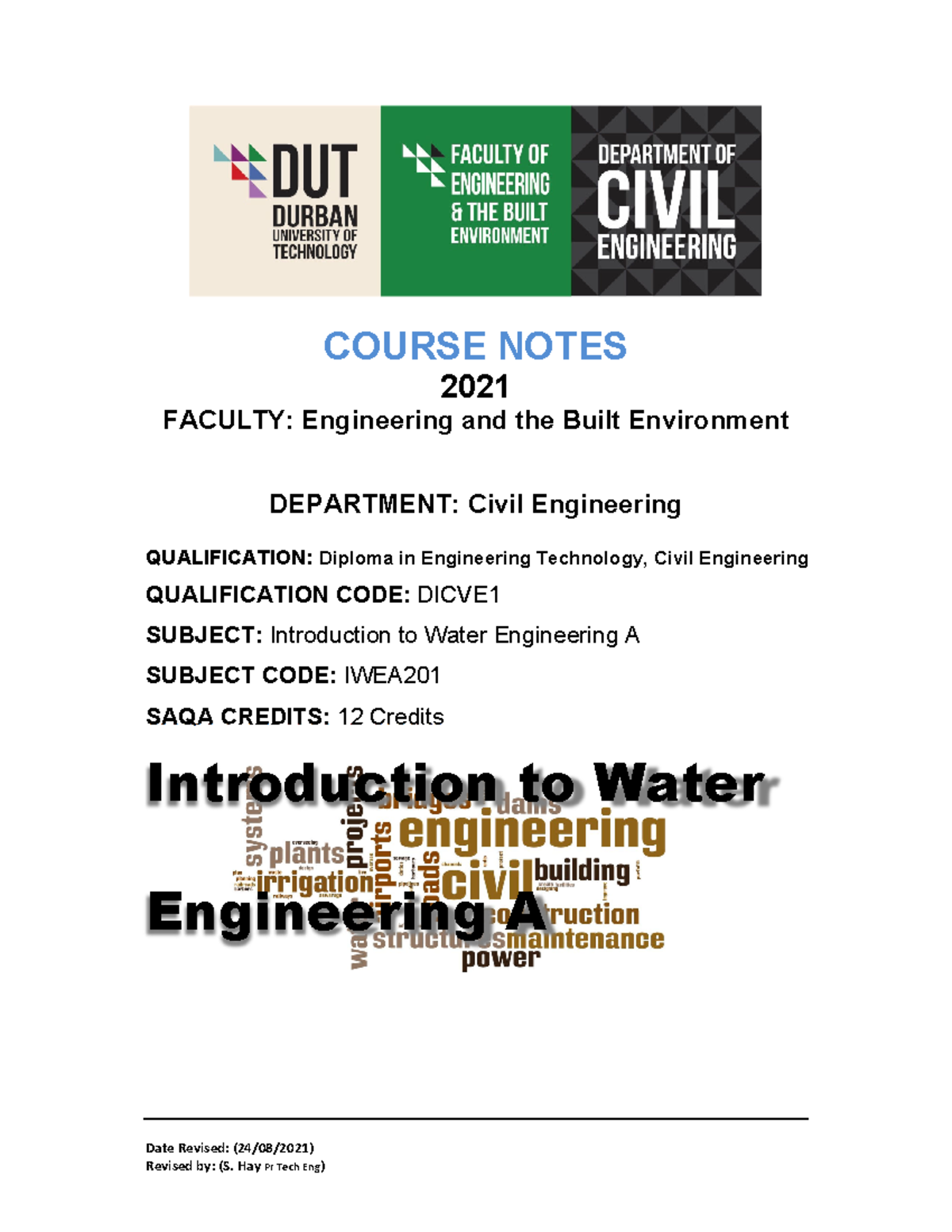 IWEA201 Intro to Water Engineering A Course Notes - DUT - Studocu