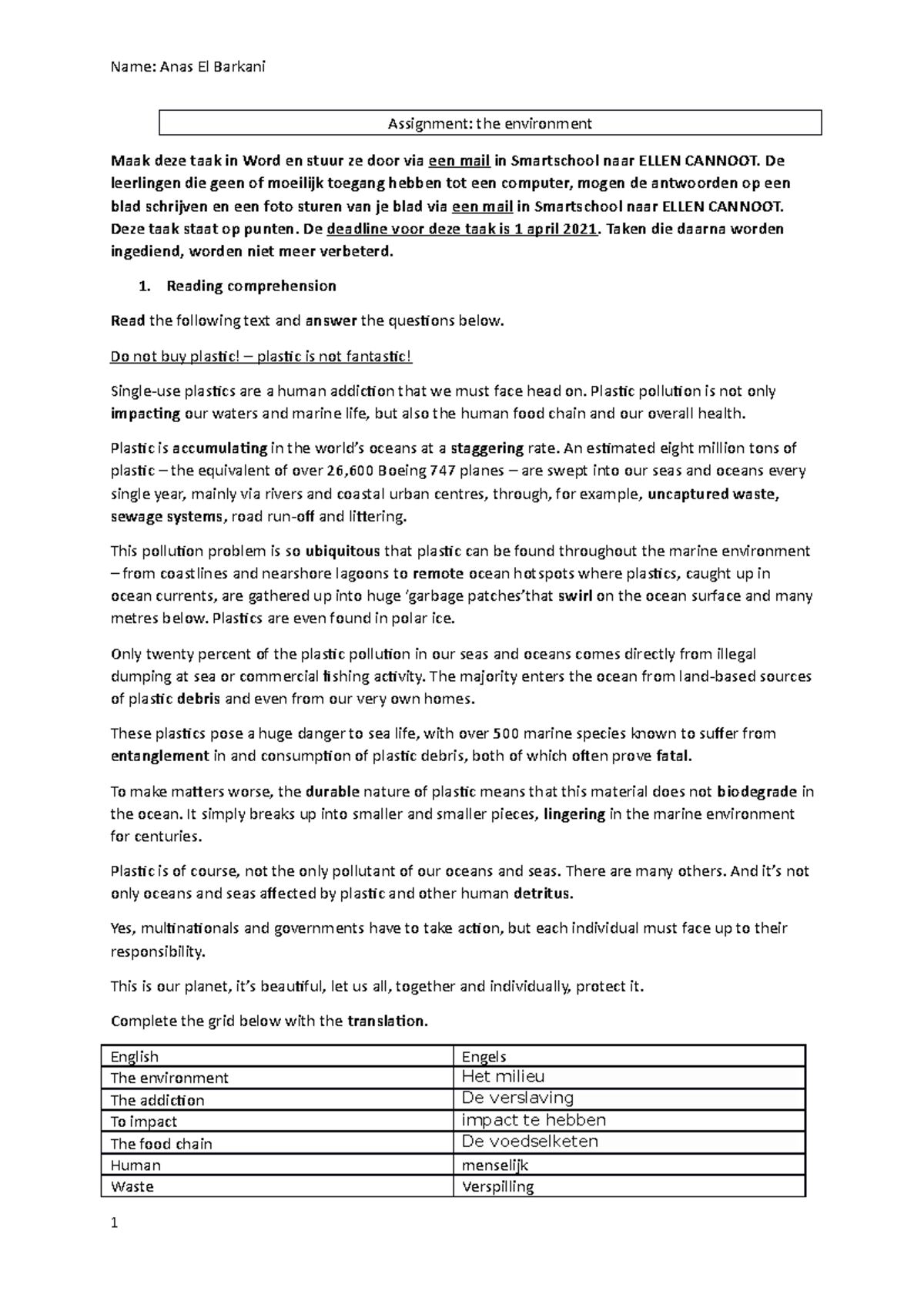 Kopie van Assignment the environment - Assignment: the environment Maak ...