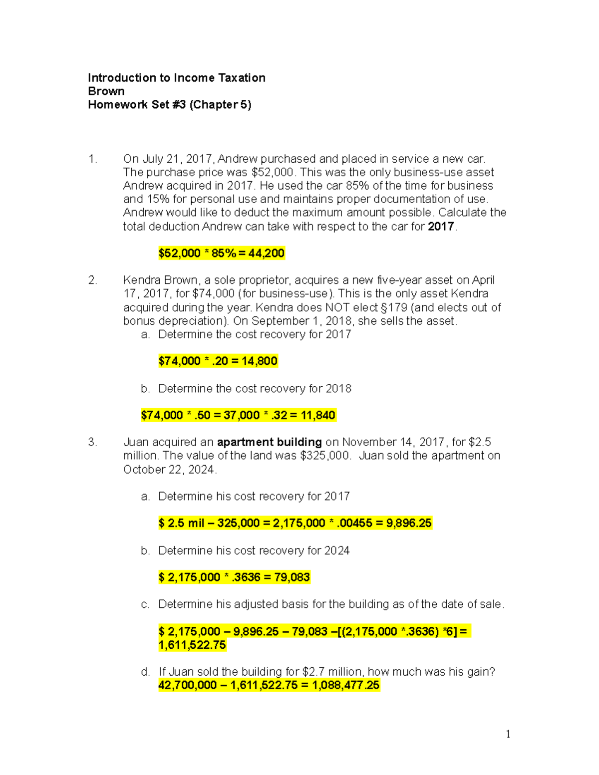 Homework Set # 3 - Introduction to Income Taxation Brown Homework Set ...