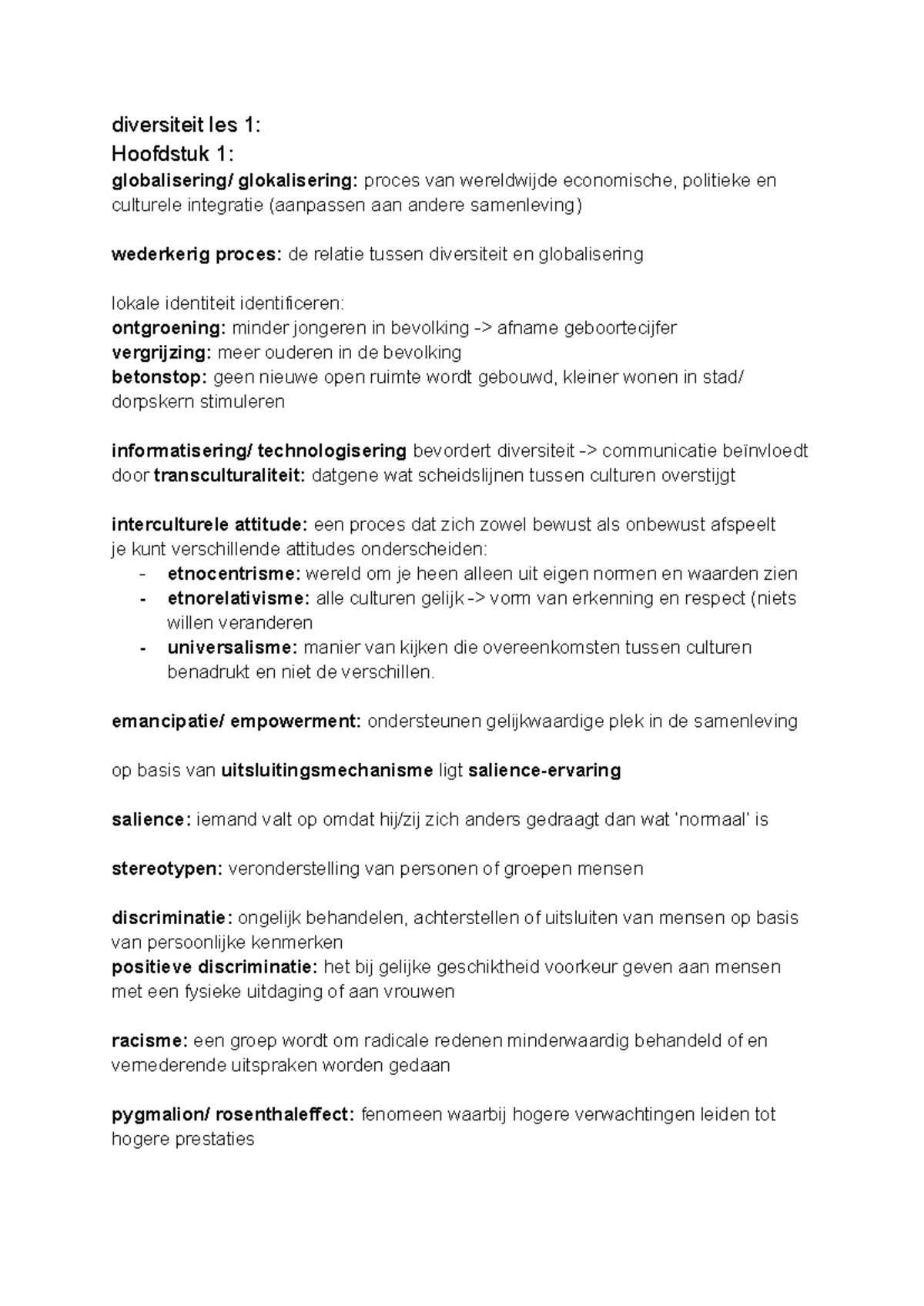 Diversiteit hoofdstuk 1 - diversiteit les 1: Hoofdstuk 1: globalisering/ glokalisering: proces ...