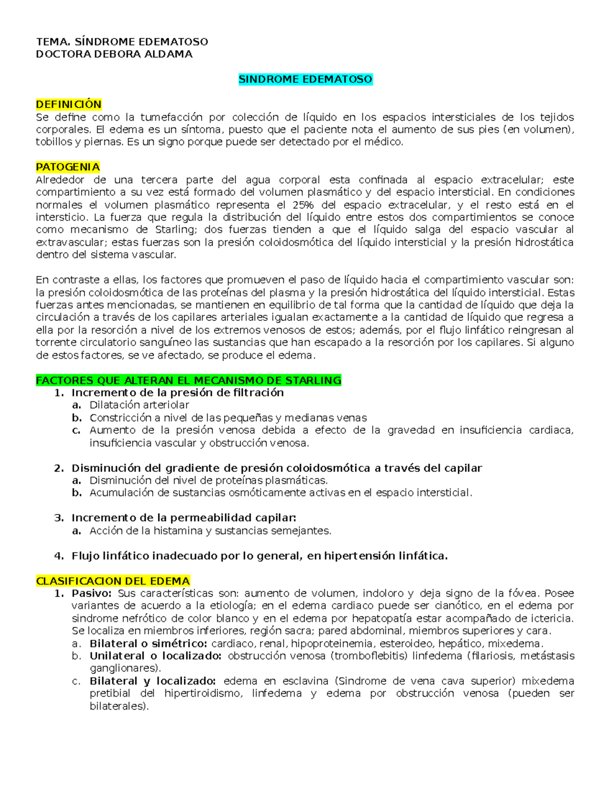 Sindrome Edematoso - Apuntes - TEMA. SÍNDROME EDEMATOSO DOCTORA DEBORA ...