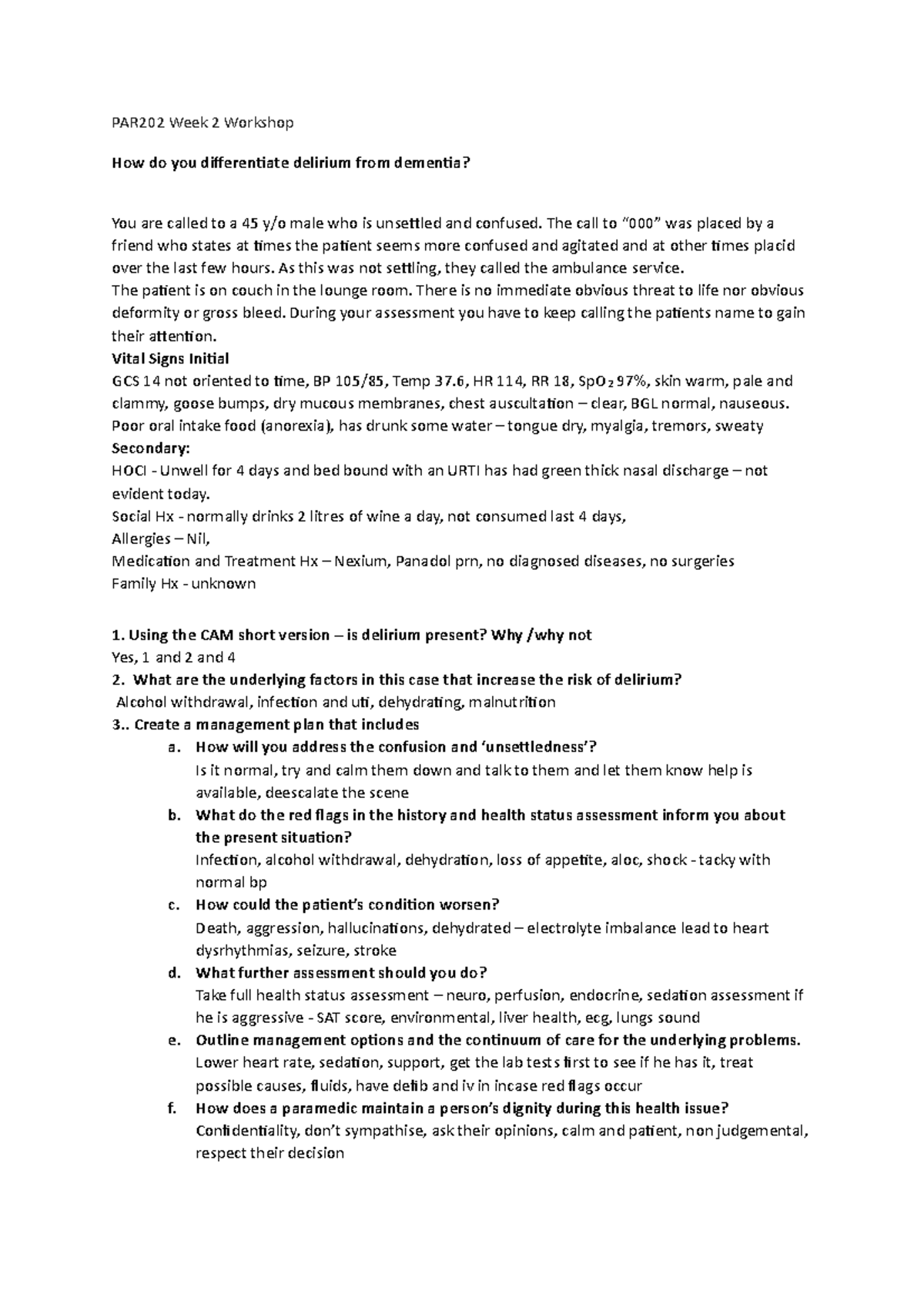 PAR202 Week 2 Workshop - Course Coordinator: Nigel Barr - Medical - StuDocu