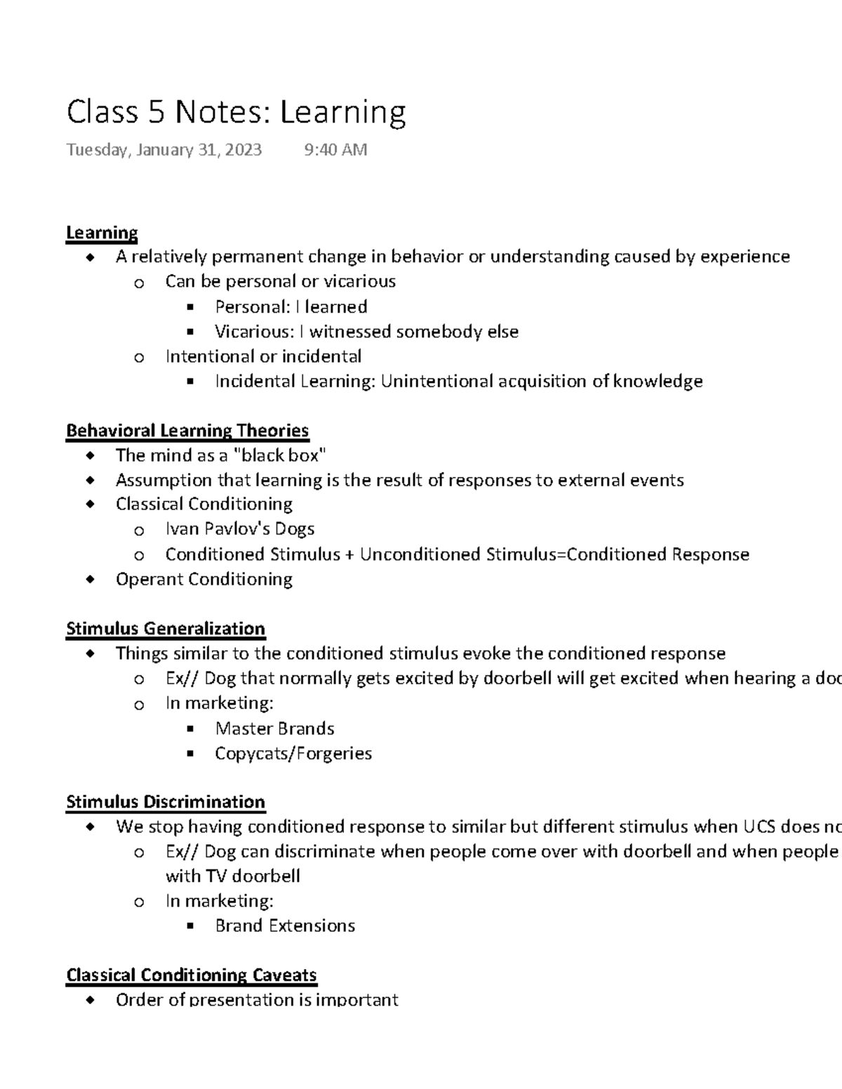 Class 5 Notes Learning - Learning A relatively permanent change in ...