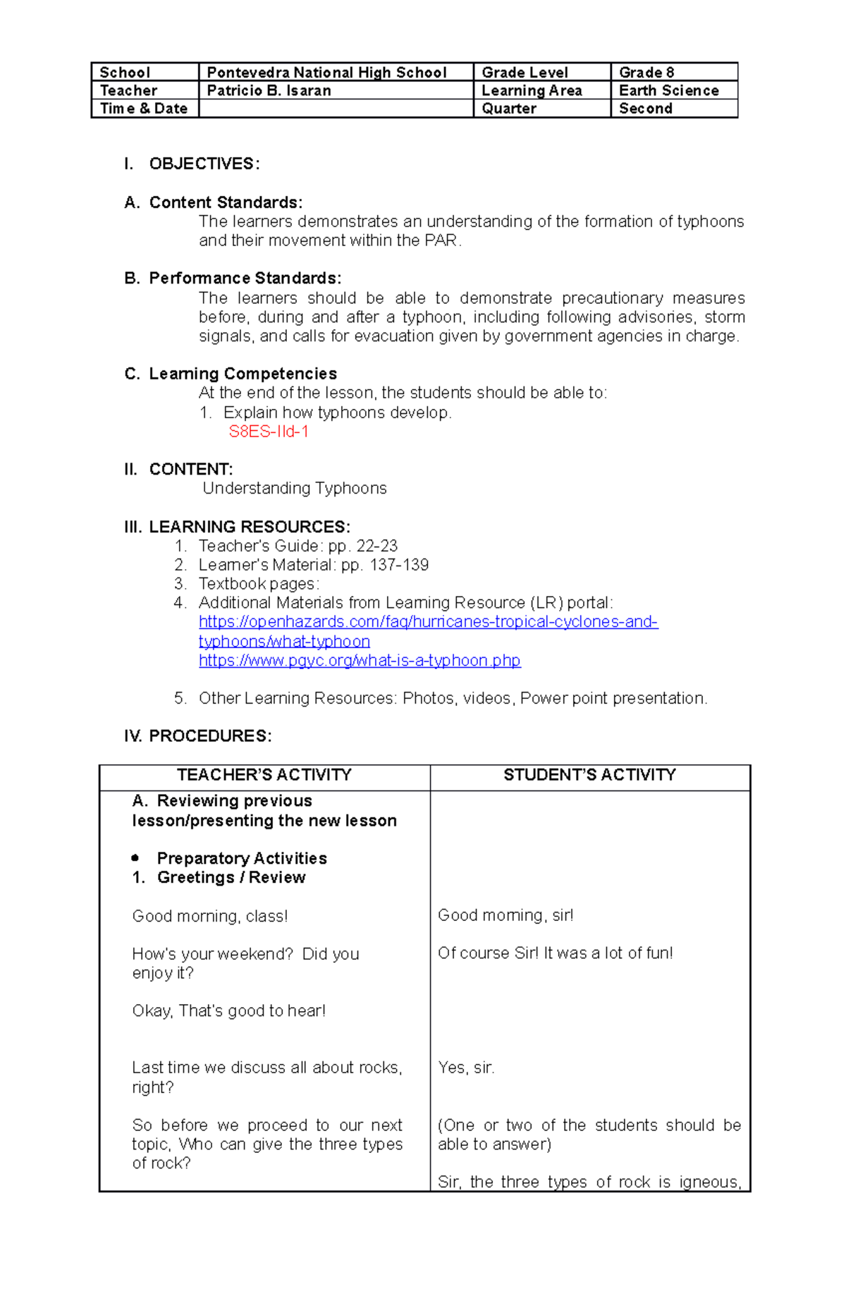 Sample Lesson Plan in English Using the - School Pontevedra National ...