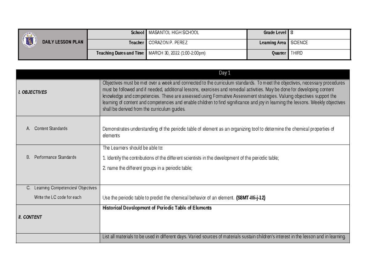 DLL 7 - 8 - SAMPLE DLL - DAILY LESSON PLAN School MASANTOL HIGH SCHOOL ...