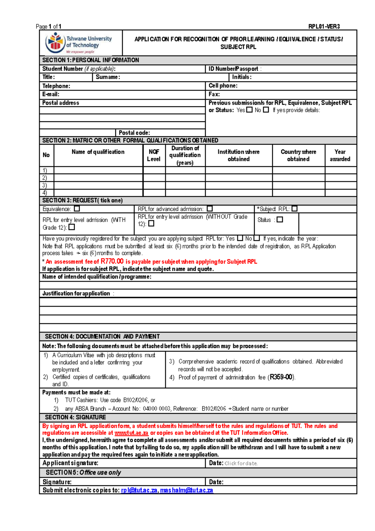 RPL-form - Communication I - Page 1 of 1 RPL01-VER 3 APPLICATION FOR ...