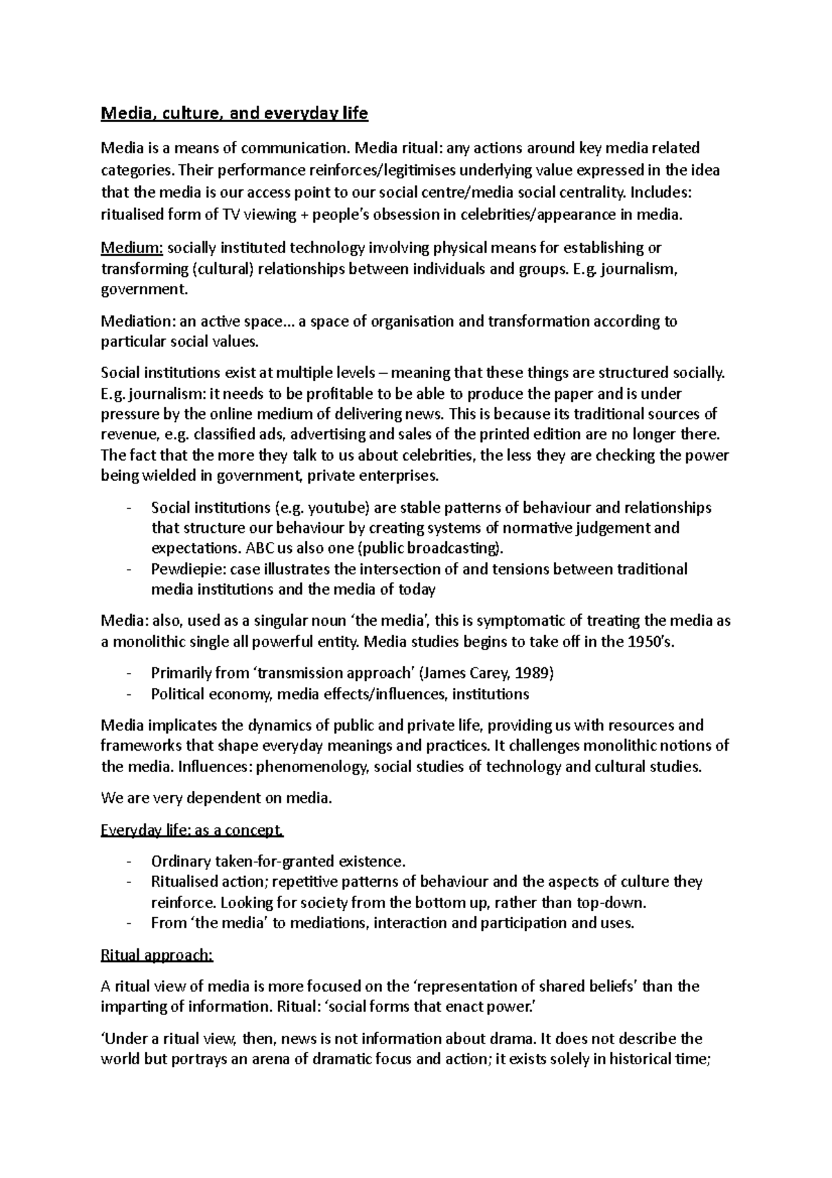 Media arts1090 notes - Media, culture, and everyday life Media is a ...