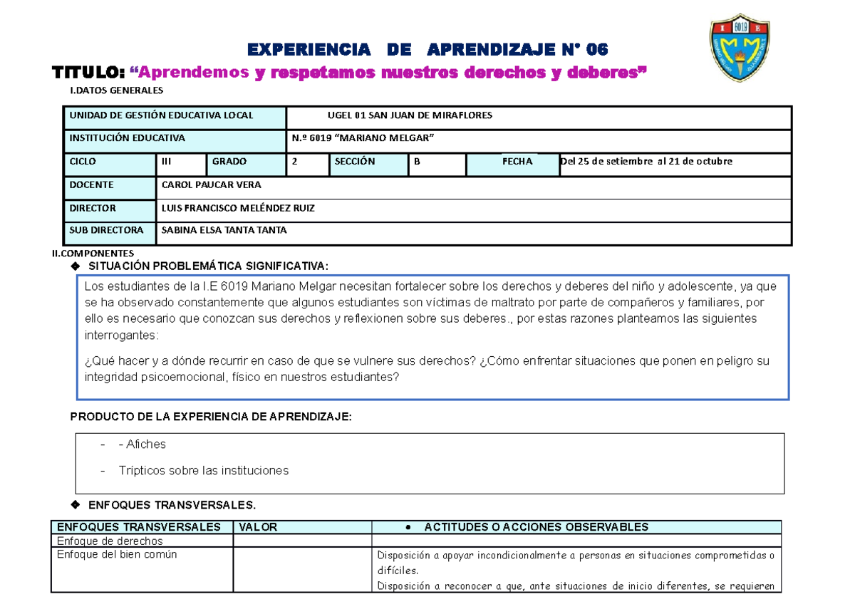 EDA 06 Deberes Y Derechos - EXPERIENCIA DE APRENDIZAJE N° 06 TITULO ...