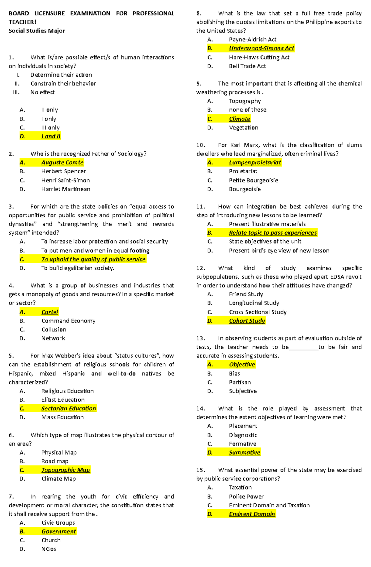 Social Studies 150 items w Ans - BOARD LICENSURE EXAMINATION FOR ...