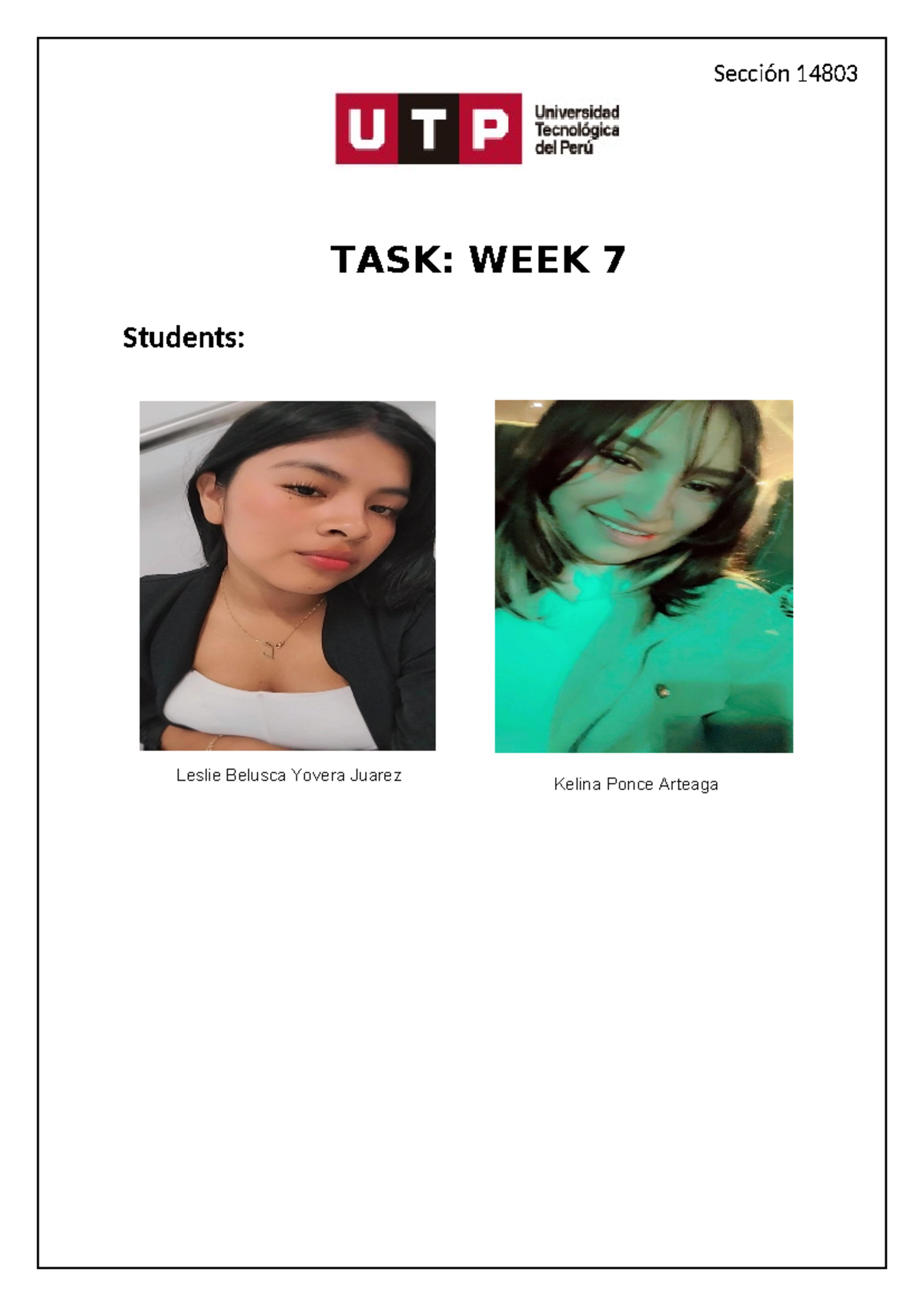 Semana 7 ingles II - Ingles II - TASK: WEEK 7 Students: Kelina Ponce Arteaga Sección 14803 ...