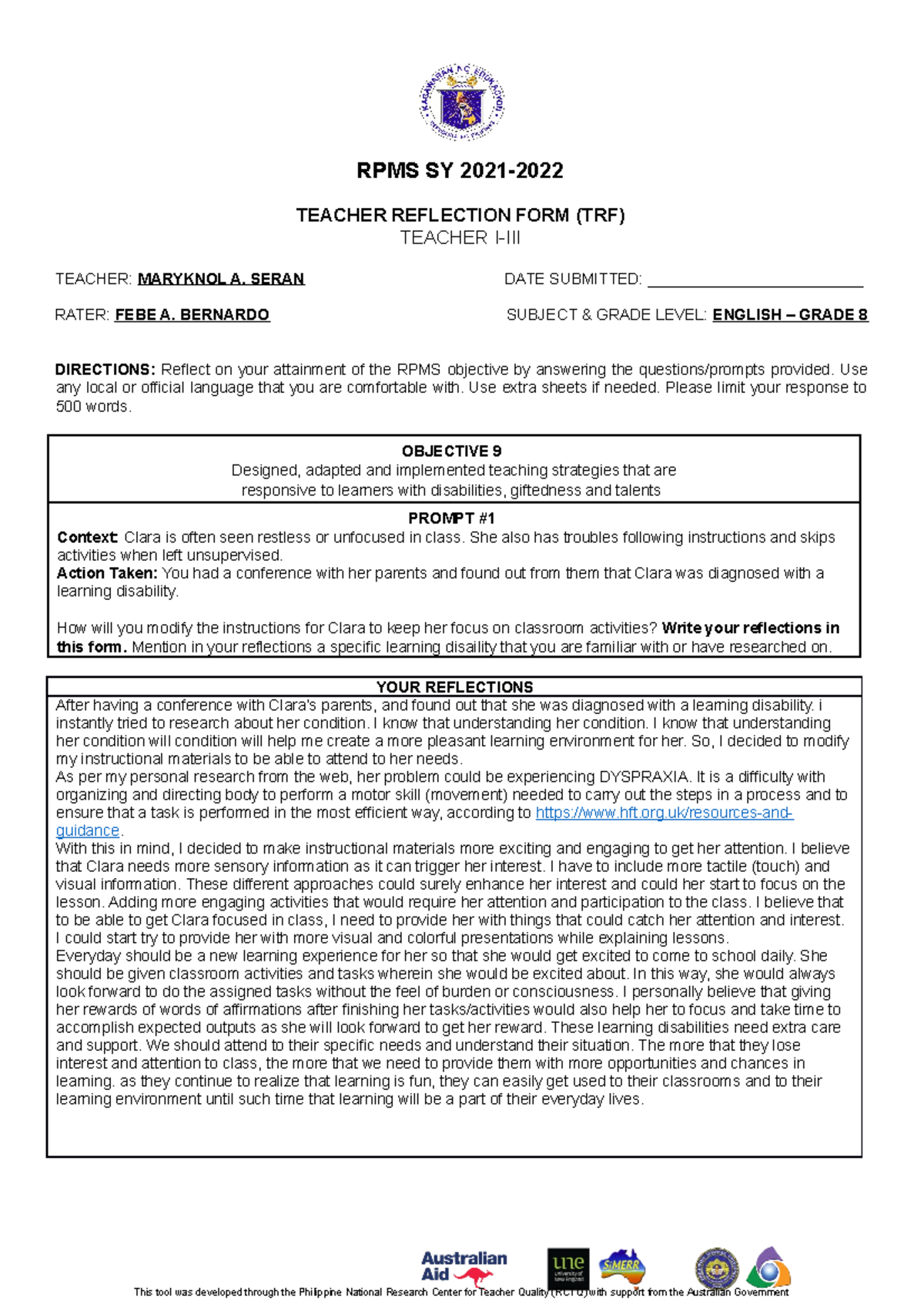 Appendix 4A Teacher Reflection Form for T I III for RPMS SY 2021 2022 - RPMS SY 2021- TEACHER ...