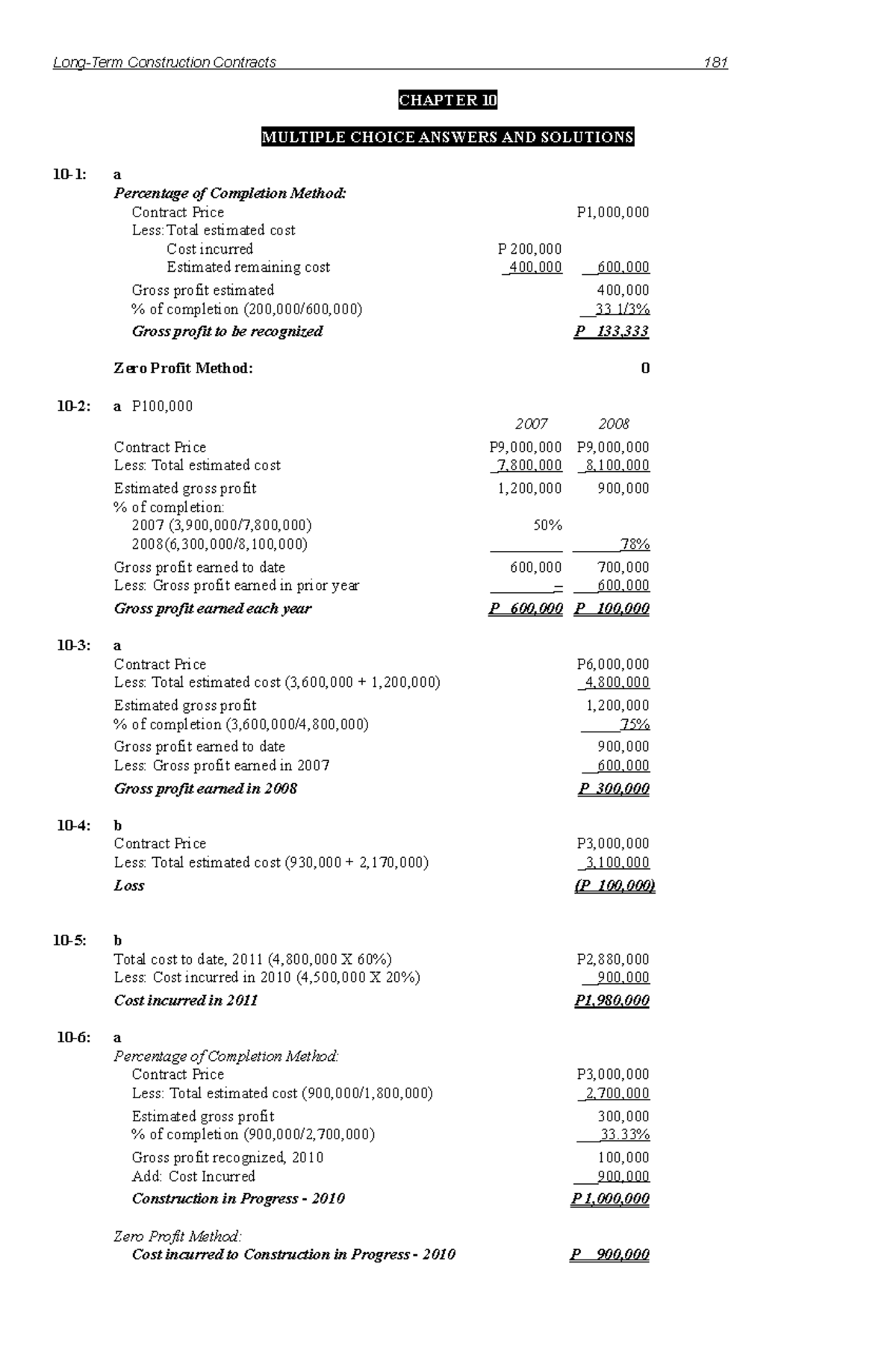 Long Term Construction Contracts - Long-Term Construction Contracts 181 CHAPTER 10 MULTIPLE ...