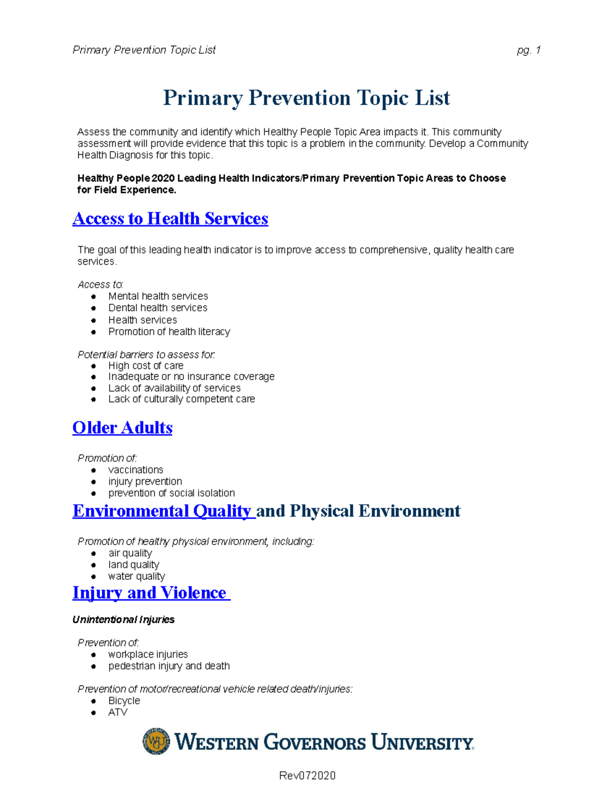 Primary Prevention Topic List - Primary Prevention Topic List Assess ...