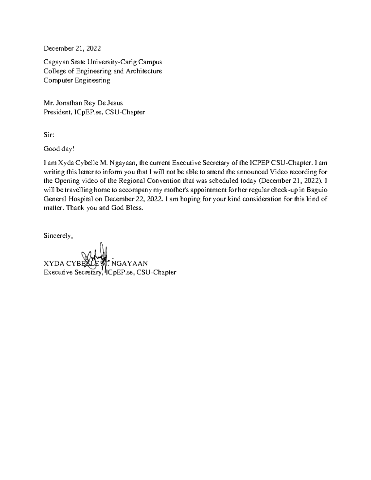 Excuse Letter Ngayaan Xyda Cybelle M - December 21, 2022 Cagayan State ...