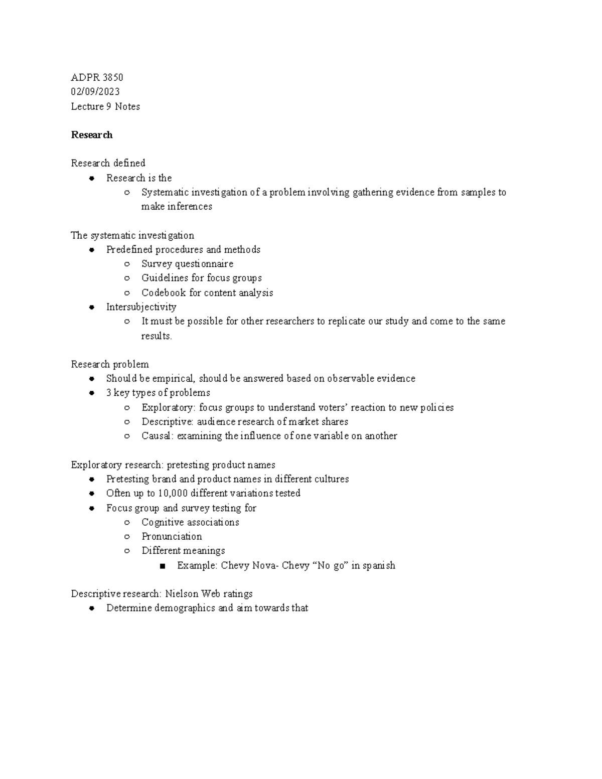 ADPR Lecture 9 Notes - ADPR 3850 02/09/2023Lecture 9 Notes Research ...
