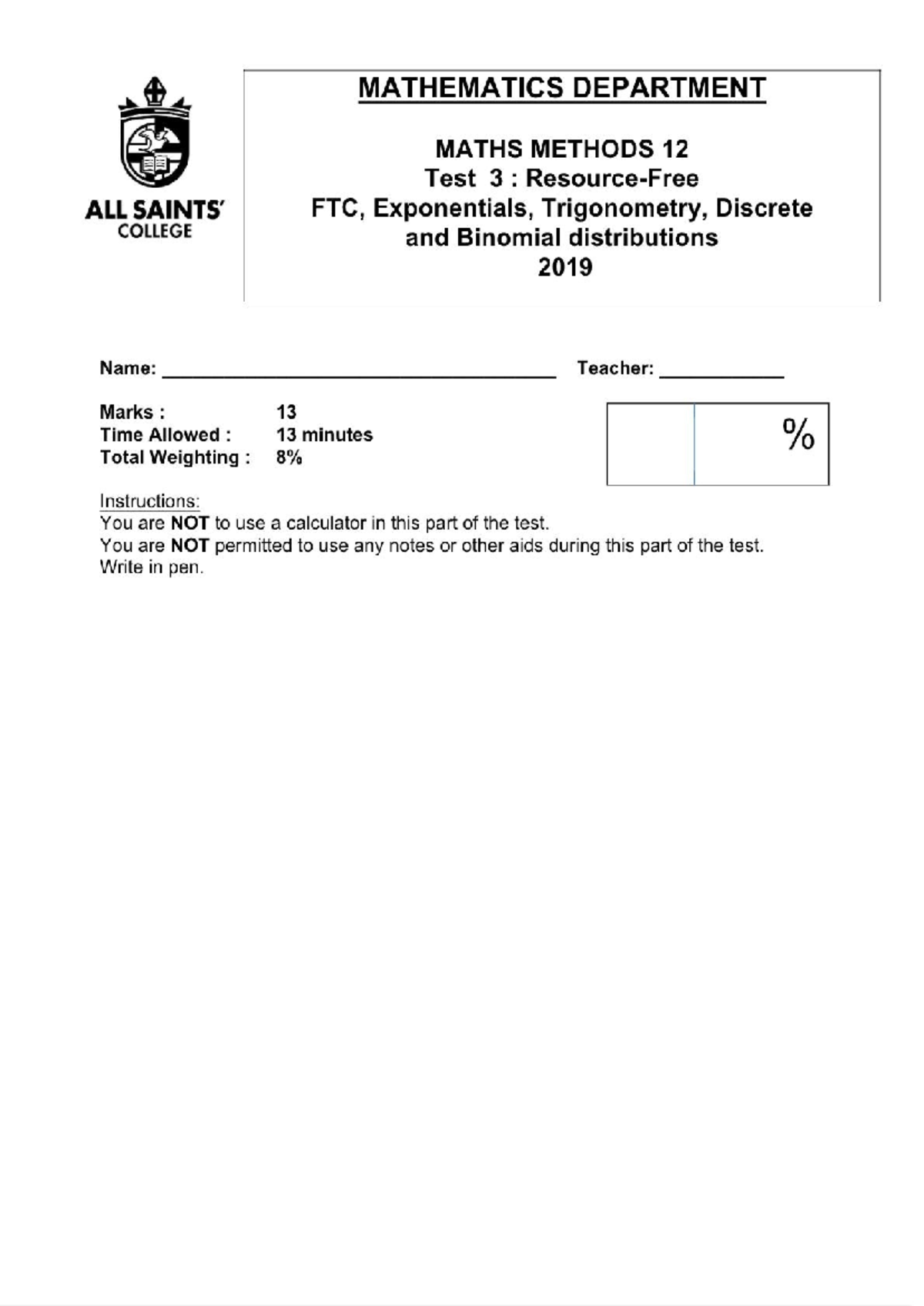 ASC Meth 2019 Test 3 CF FTC, Exponentials, Trigonometry, Discrete and ...
