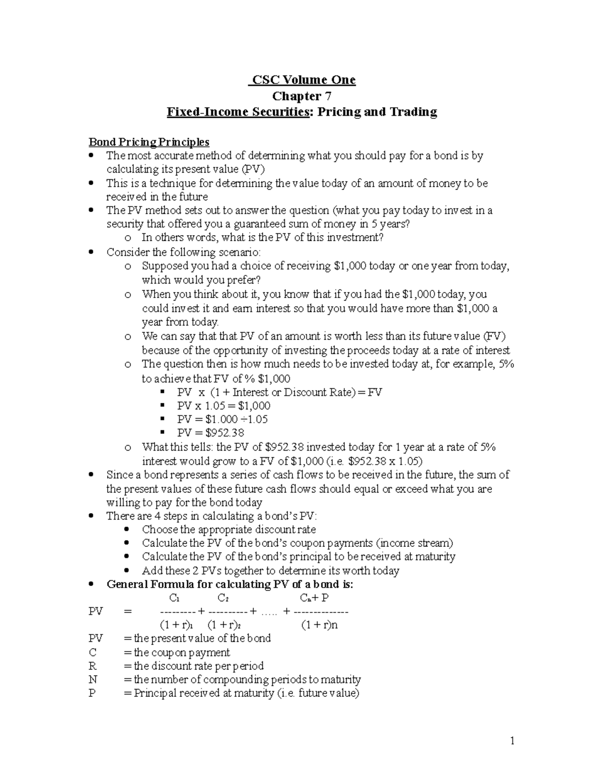 CSC Volume 1 (ch 7) Winter 2023 - CSC Volume One Chapter 7 Fixed-Income Securities: Pricing and ...