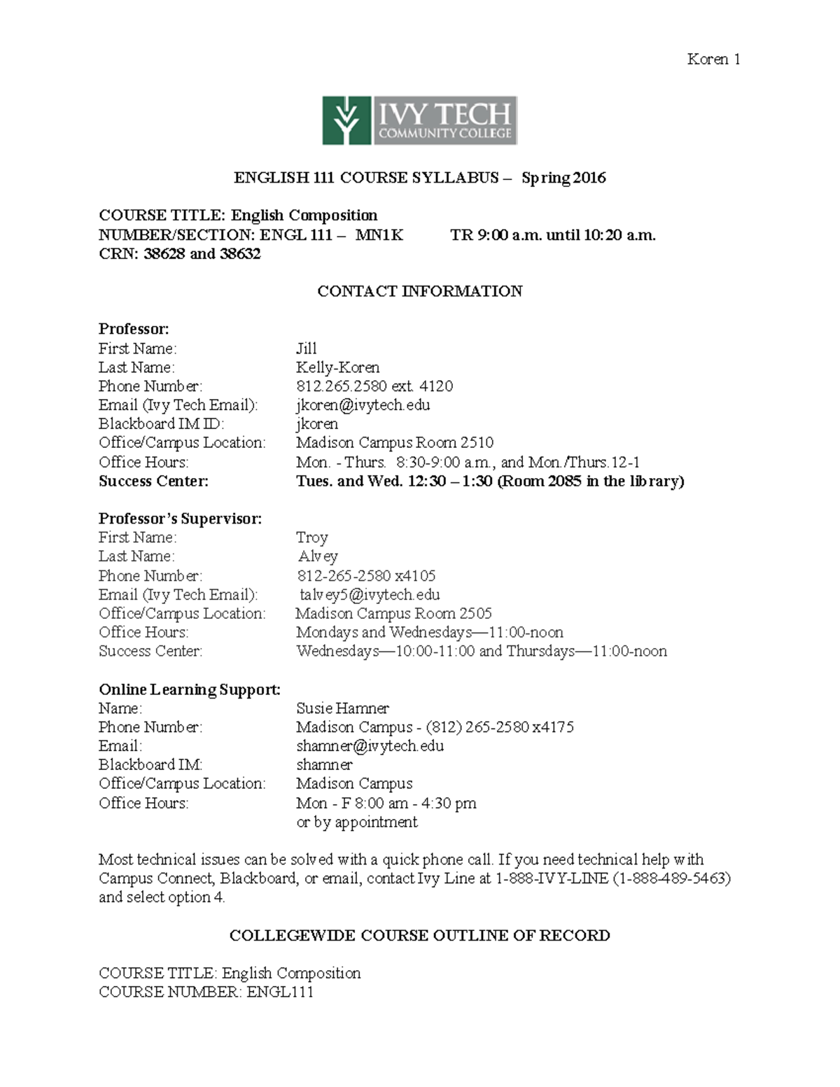 ENGL111 MN1K Spring 2016 Syllabus Professor Jill Koren Revised 2 ...