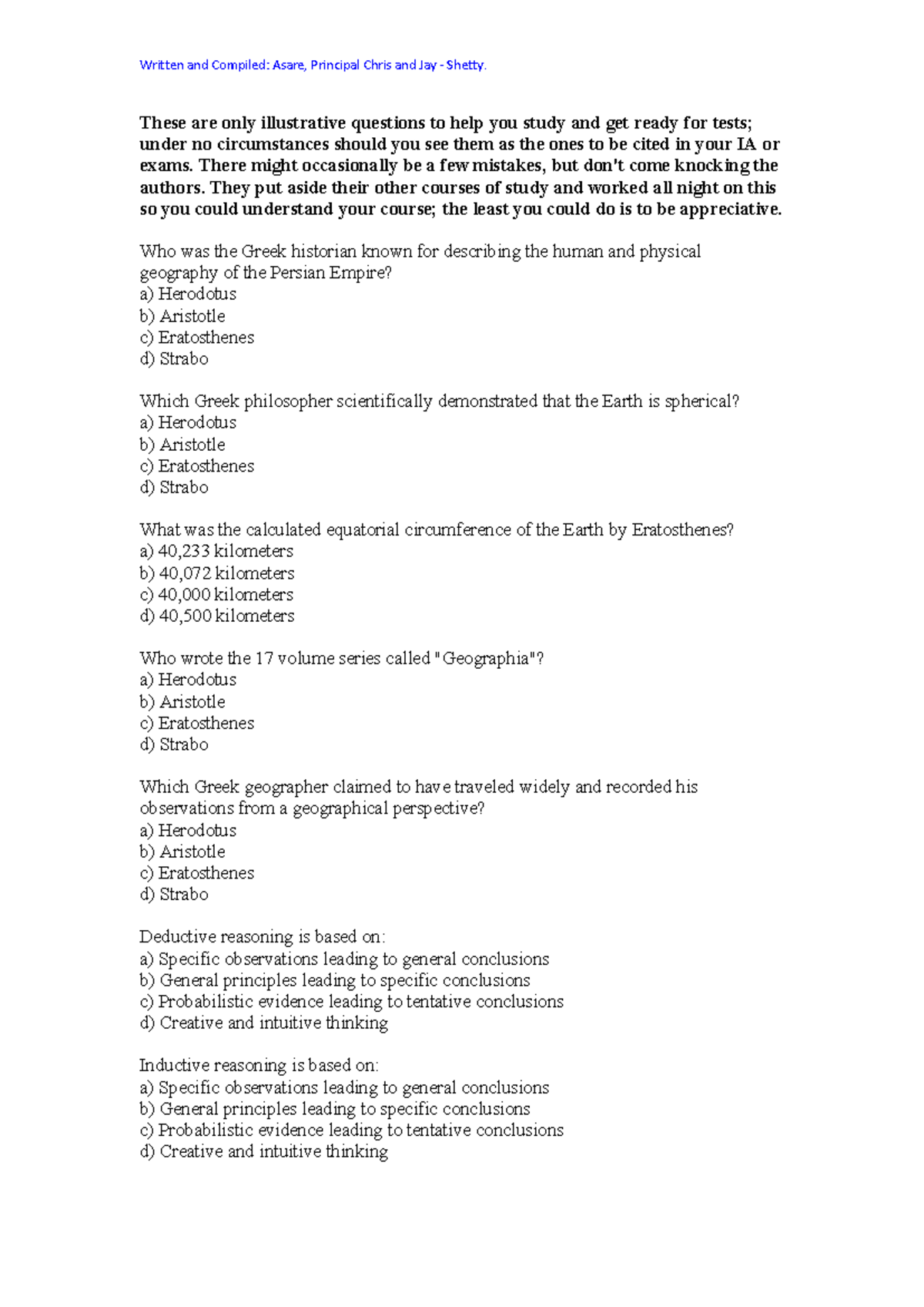 Physical GEOG - These are only illustrative questions to help you study ...