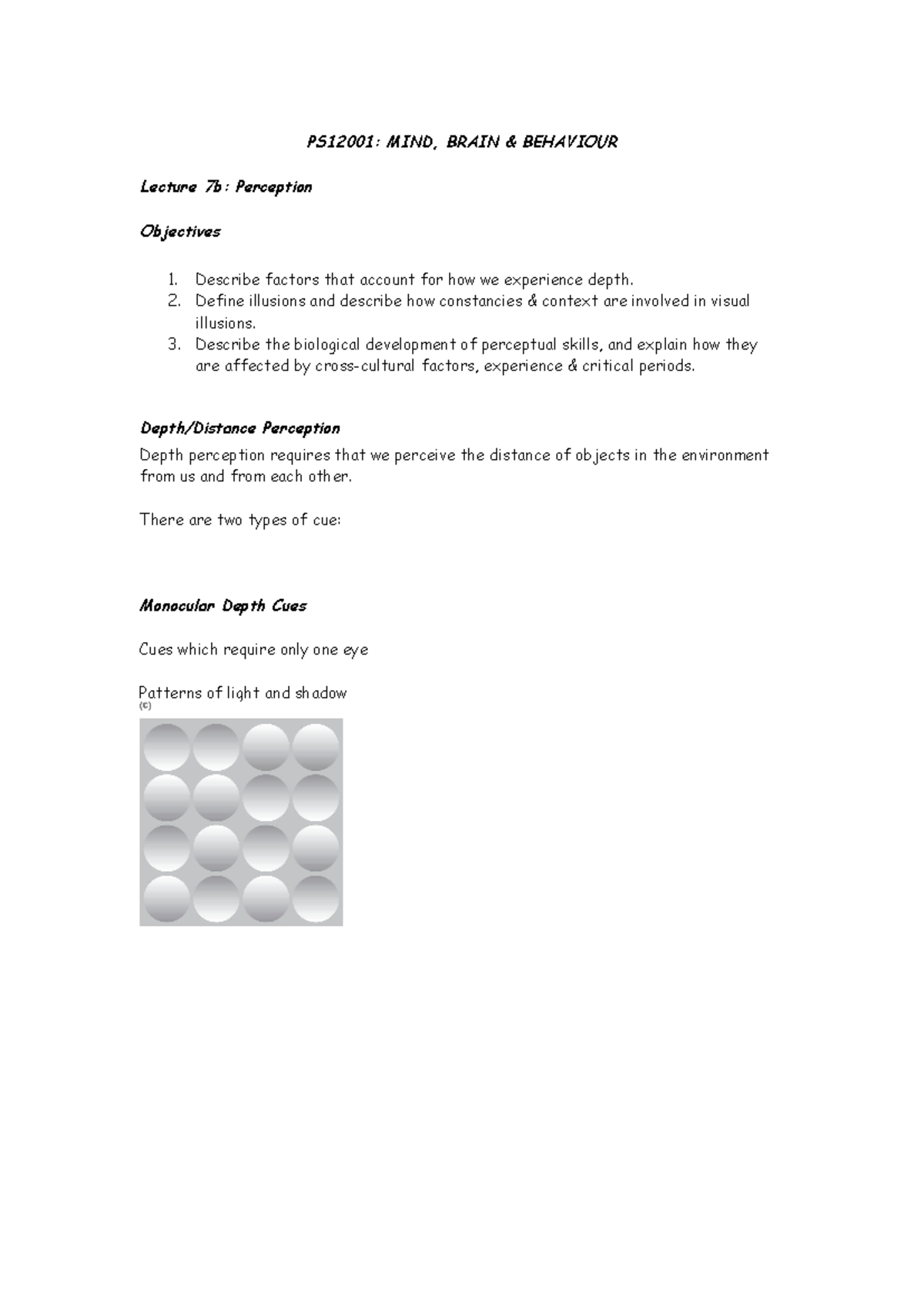 Lecture 7b Sensation Perception III Handout 2324 - PS12001: MIND, BRAIN ...
