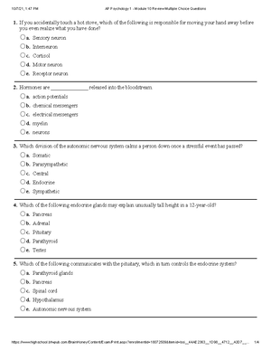 AP Psychology 1 - Module 11 Review Multiple Choice Questions - 1 ...
