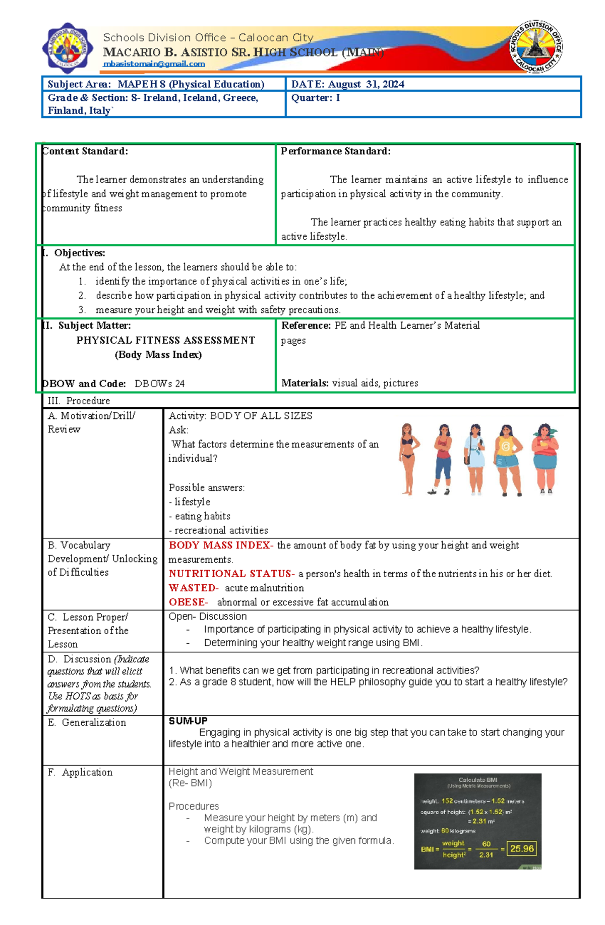 DLP9-Q1-BMI - lesson plan - MACARIO B. ASISTIO SR. HIGH SCHOOL (MAIN ...