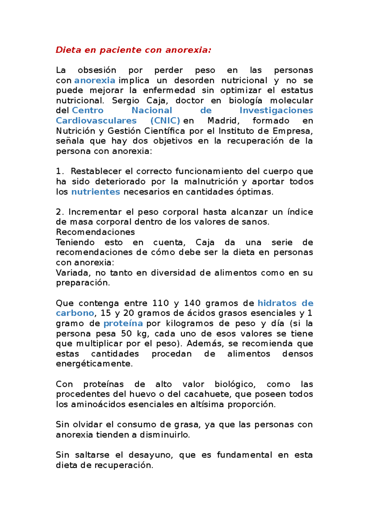 Dieta en paciente con anorexia - Sergio Caja, doctor en biología ...