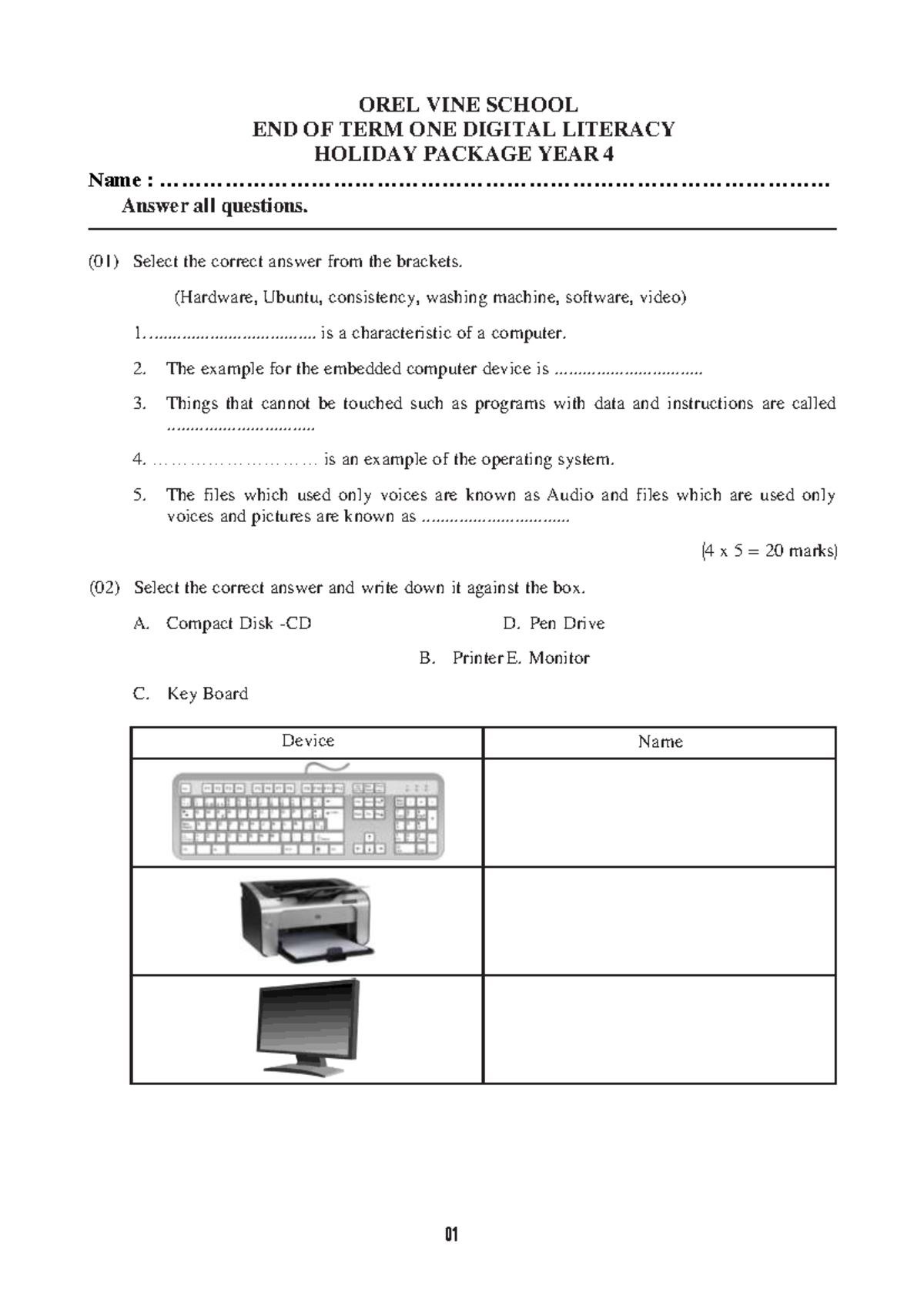 Year 4 - COMPUTING - OREL VINE SCHOOL END OF TERM ONE DIGITAL LITERACY ...