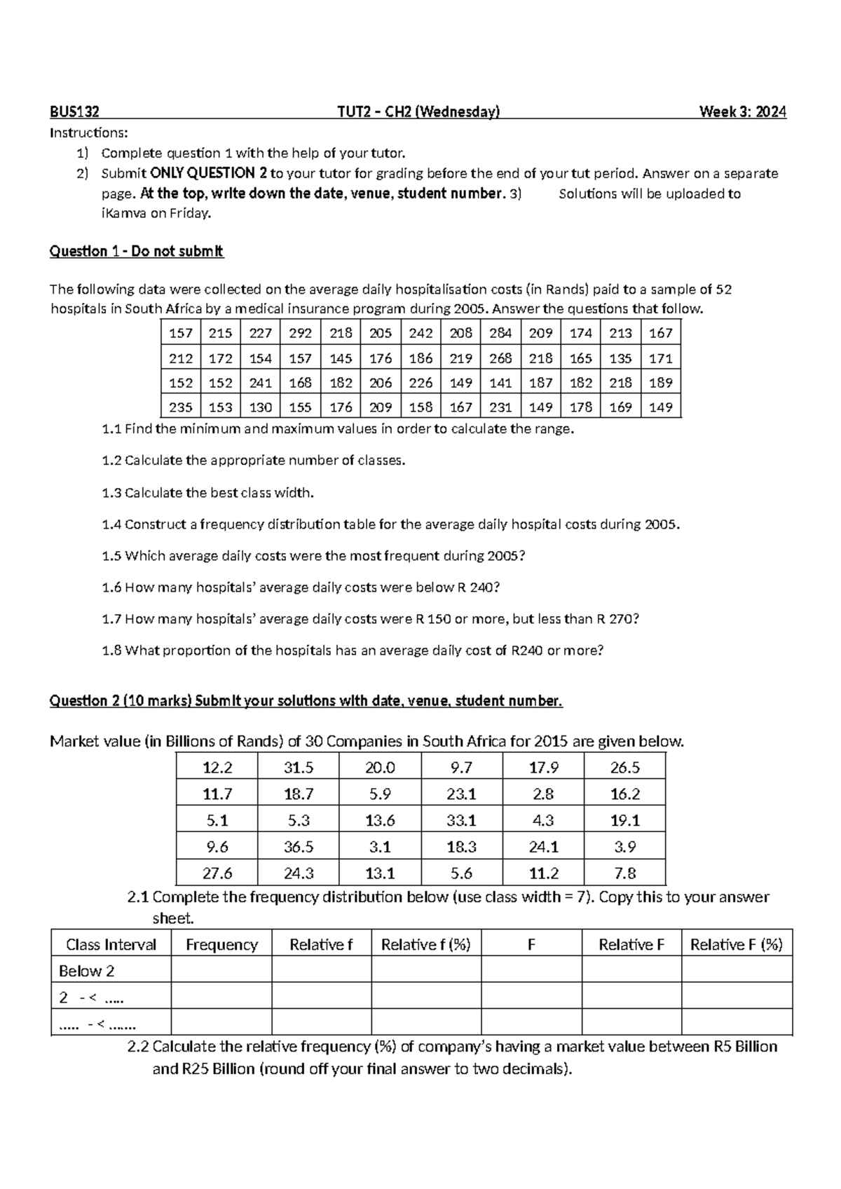 BUS132 Tut2 Ch2 2024 Wednesday - BUS132 TUT2 – CH2 (Wednesday) Week 3: 2024 Instructions: 1 ...